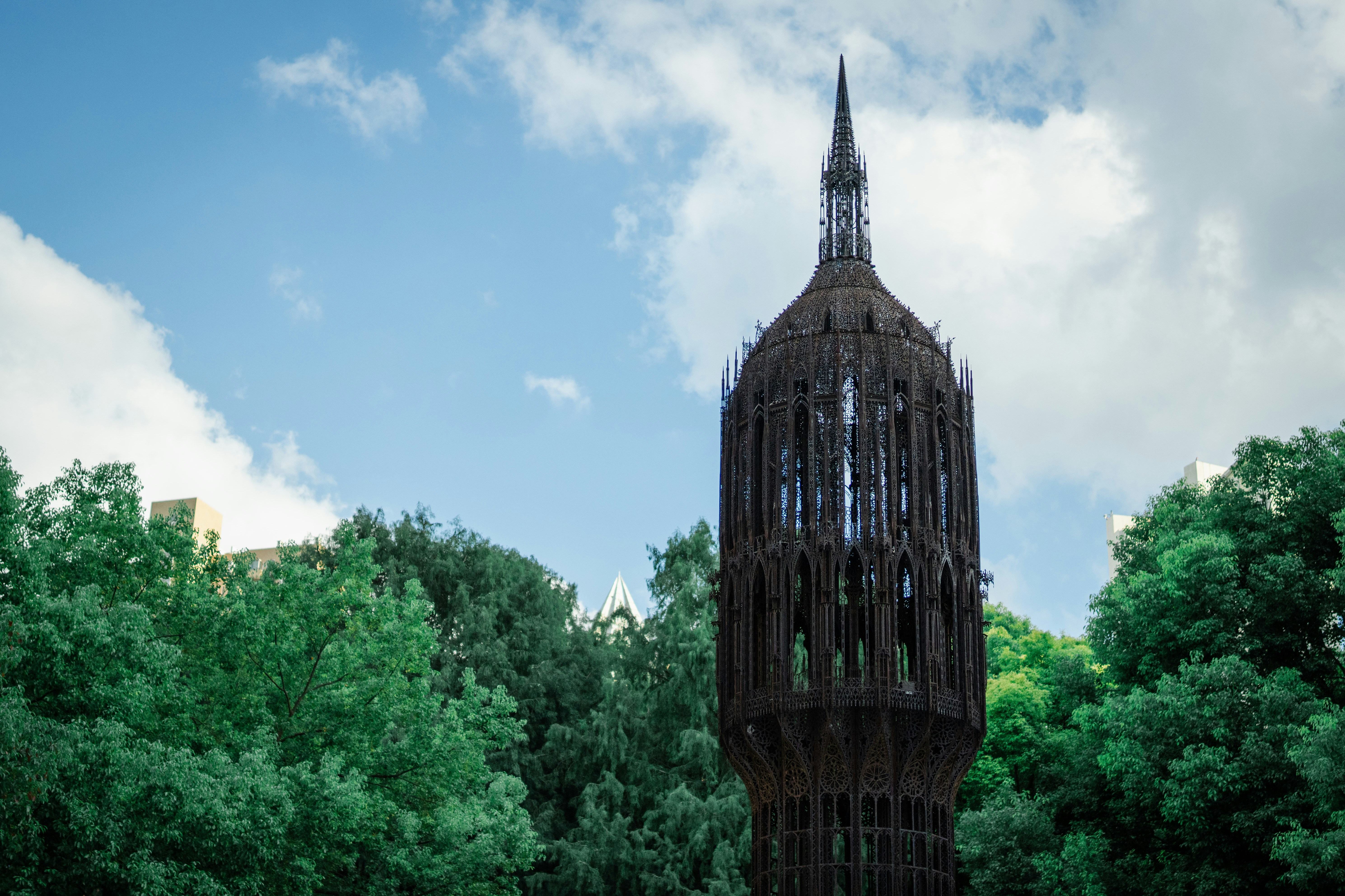 Verdant Skyframe: The Lattice Spire Among Park Canopy
