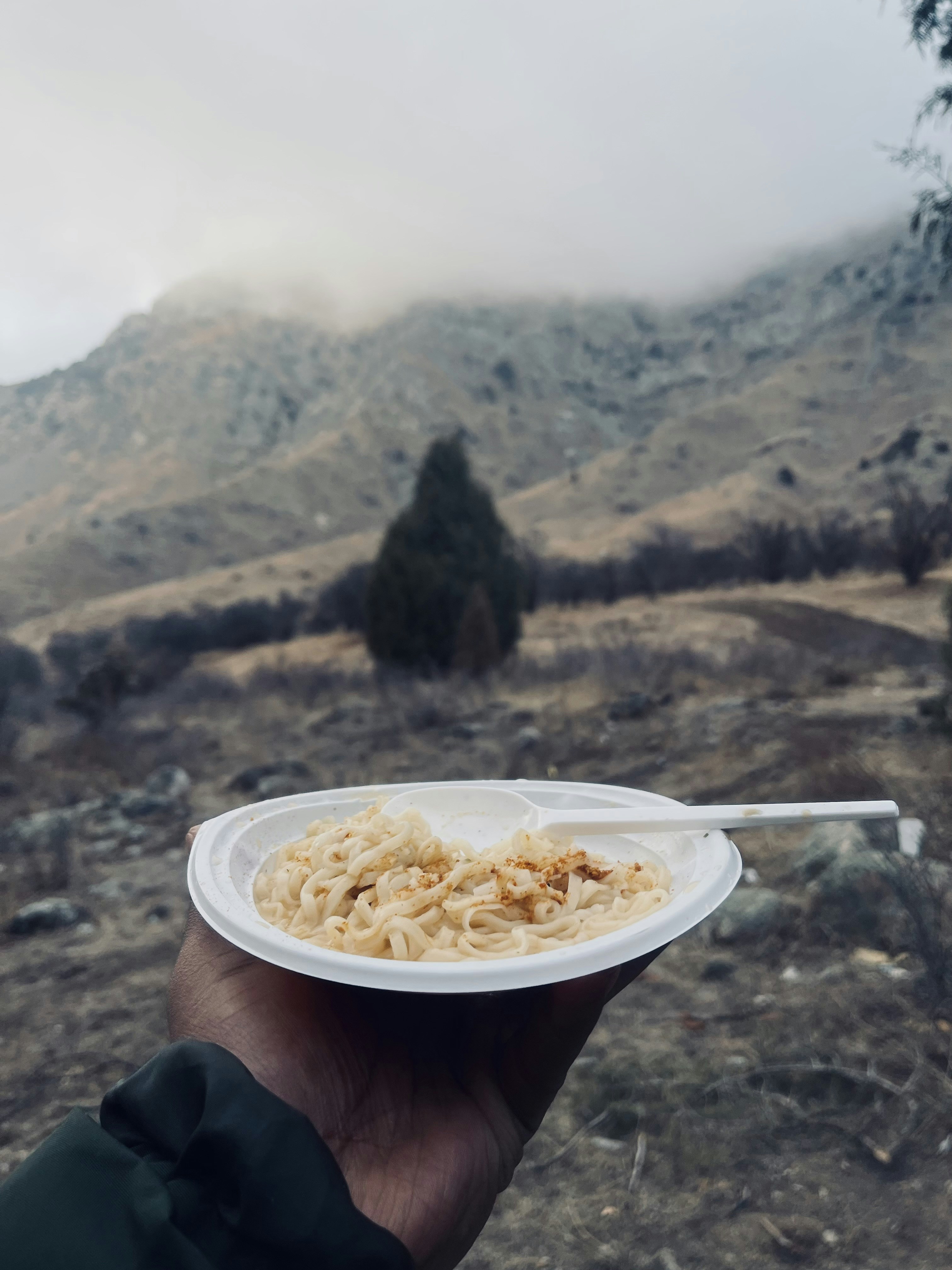 Noodle relief: a handheld bite against a rugged hillside