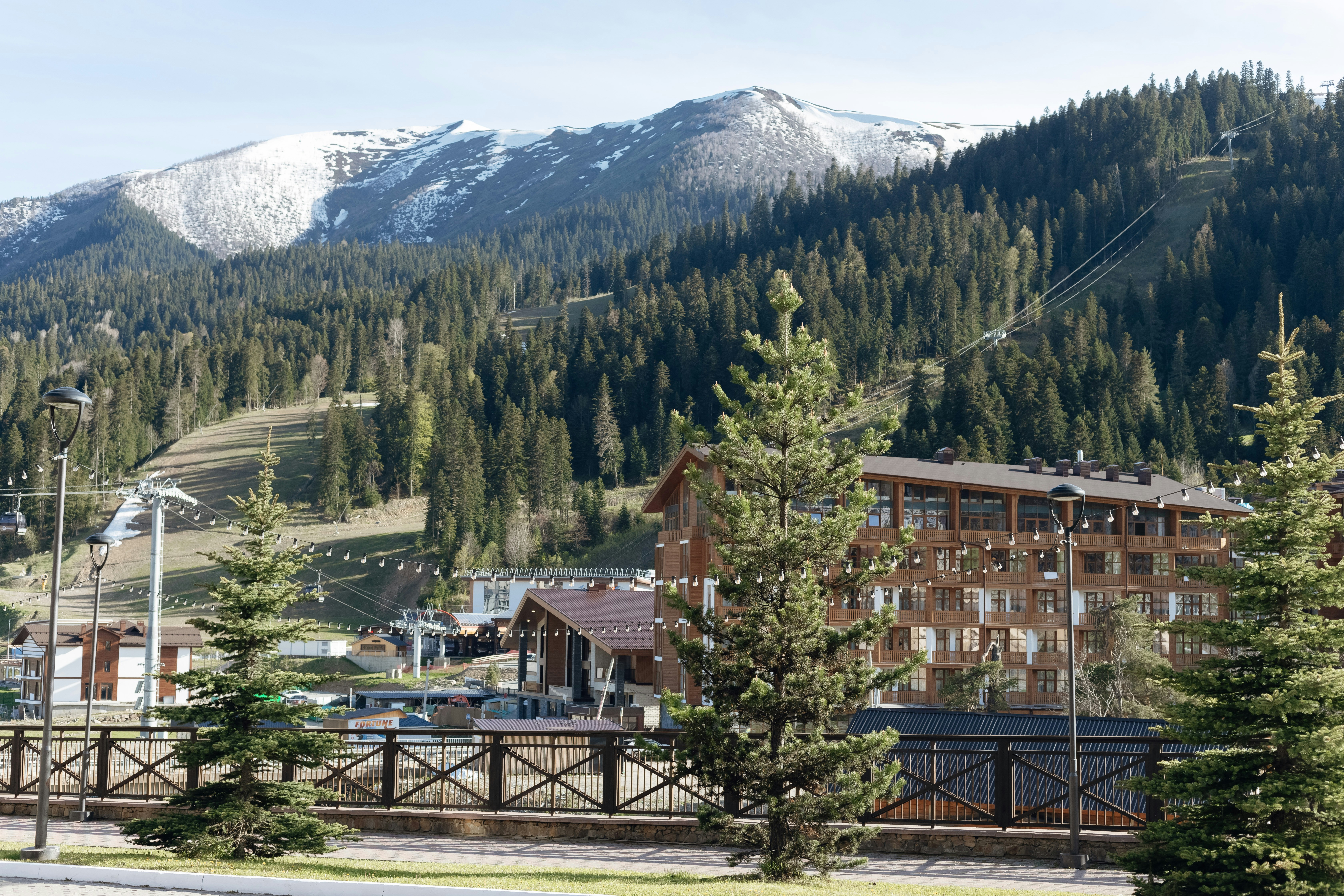 Lush green trees frame a charming lodge nestled at the base of snow-capped mountains, hinting at outdoor adventures. The scene captures the essence of a tranquil mountain getaway.