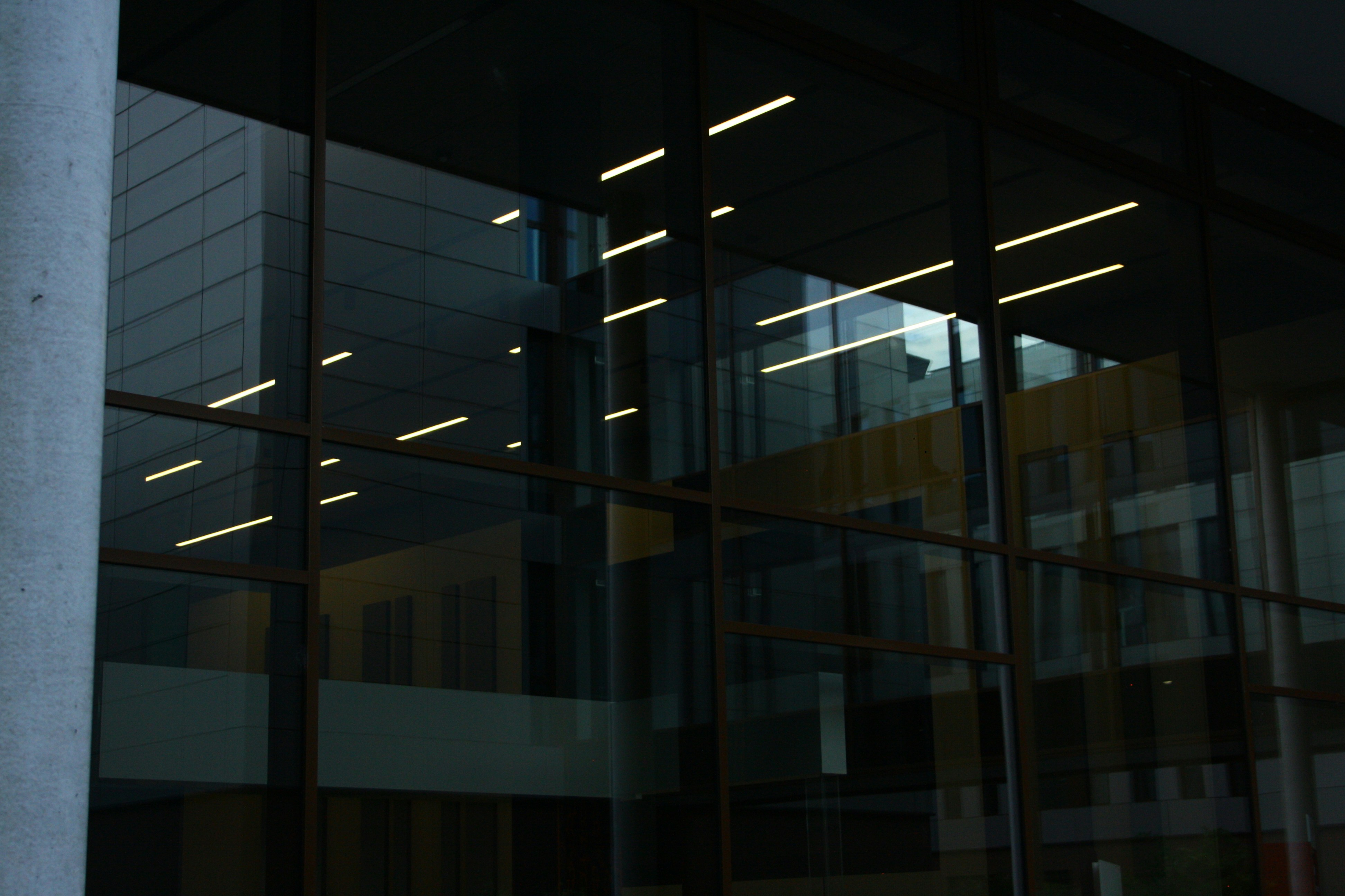 Midnight Facade: Neon Lines Carve Geometry Across Glass