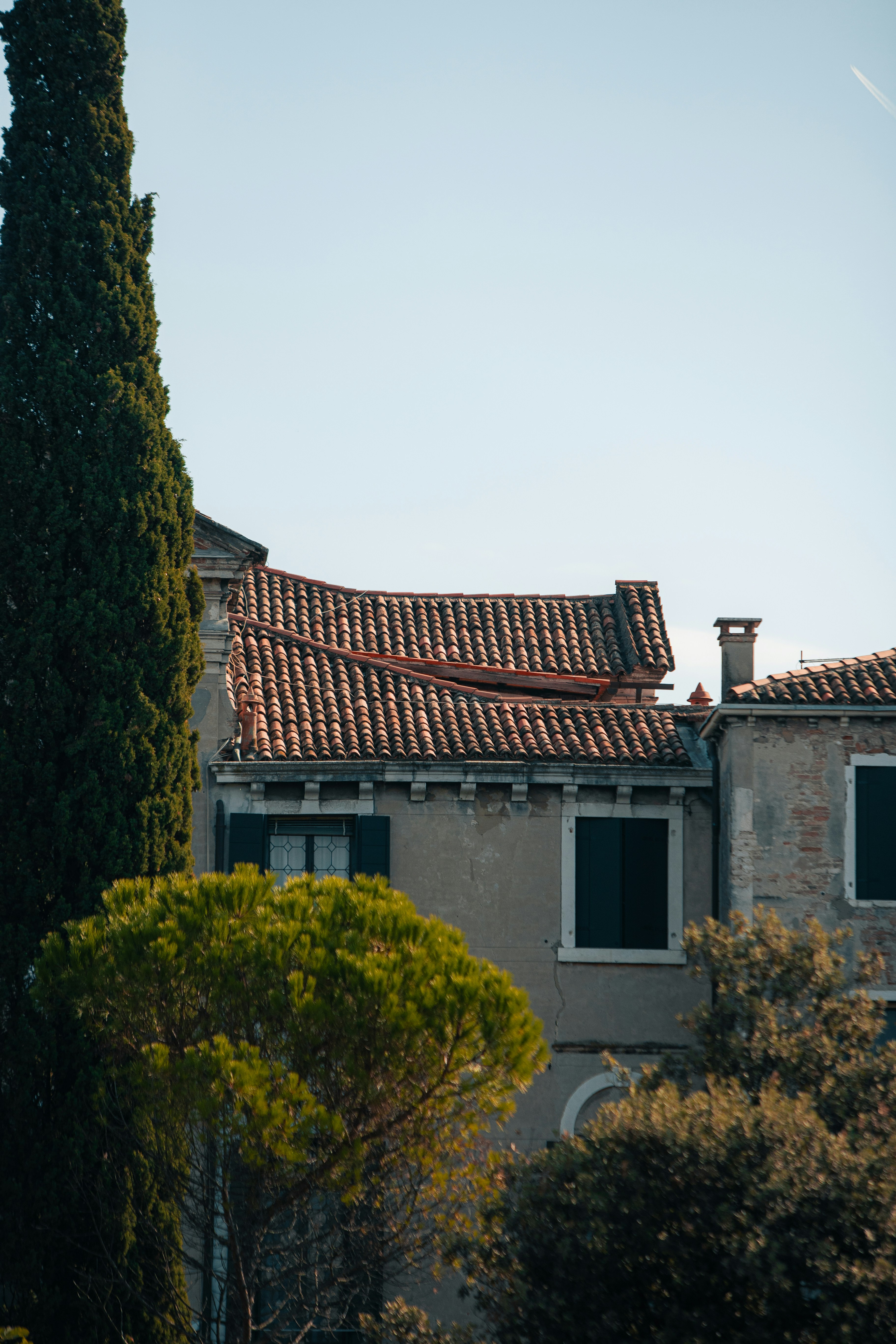 Old buildings with trees against a clear sky