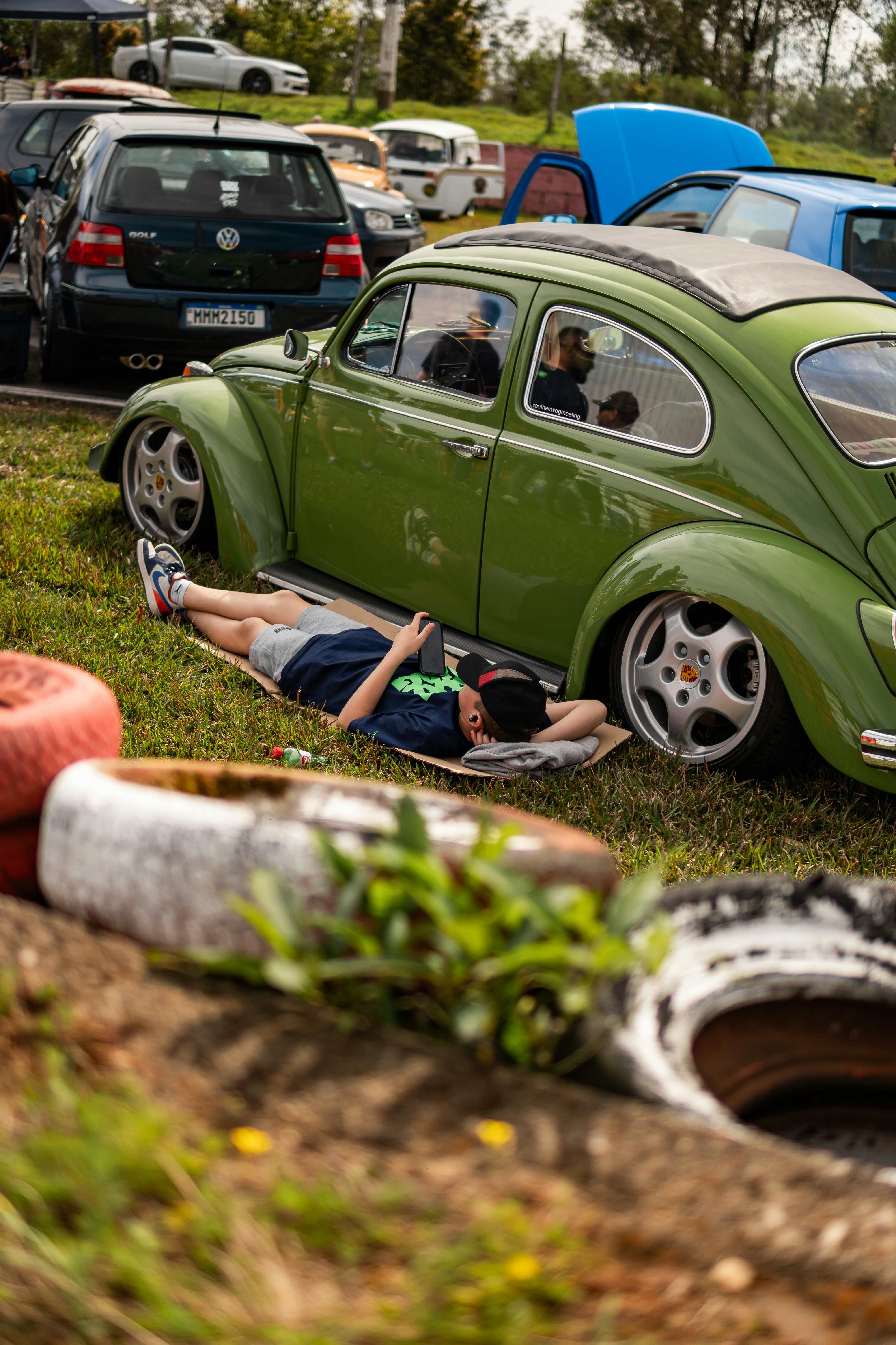 Under the Lime VW Beetle: a Quiet Moment at a Nostalgia Car Meet