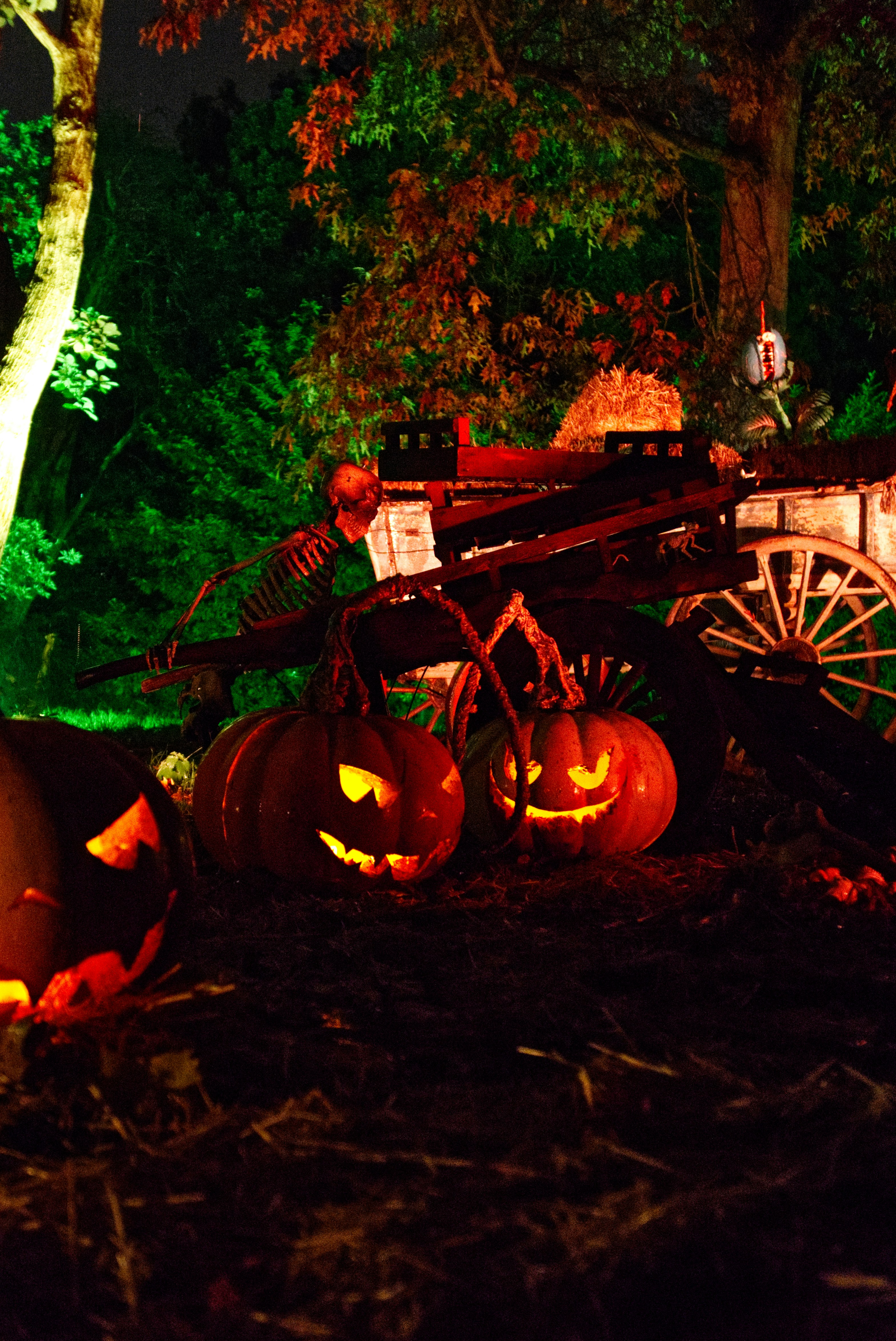 Lanterned Jack-O’-Lanterns and the Old Wagon: A Harvest Night Scene
