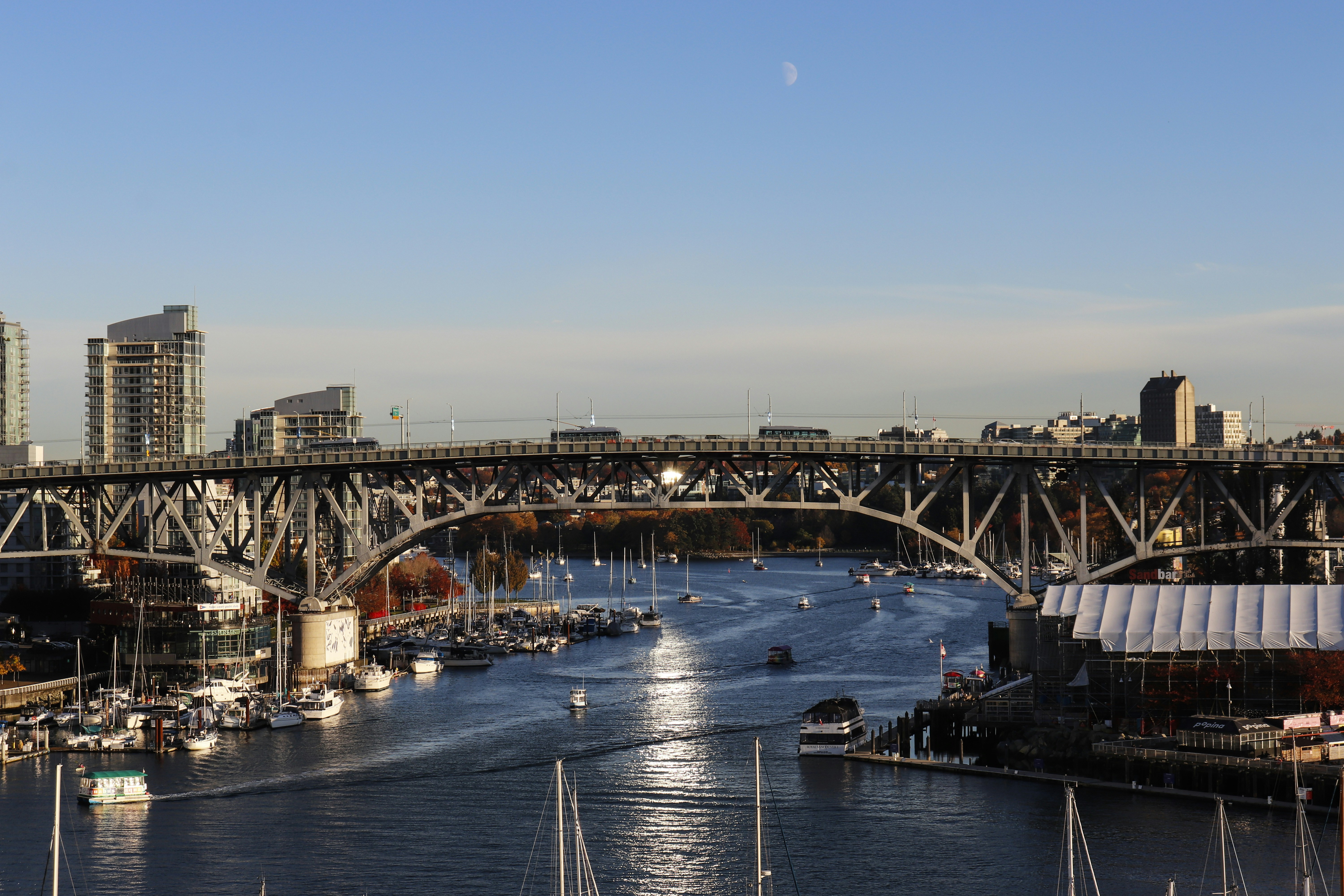 Canada Vancouver Granville Island and False Creek autumn 2025 | Bridge over a bay with sailboats and boats