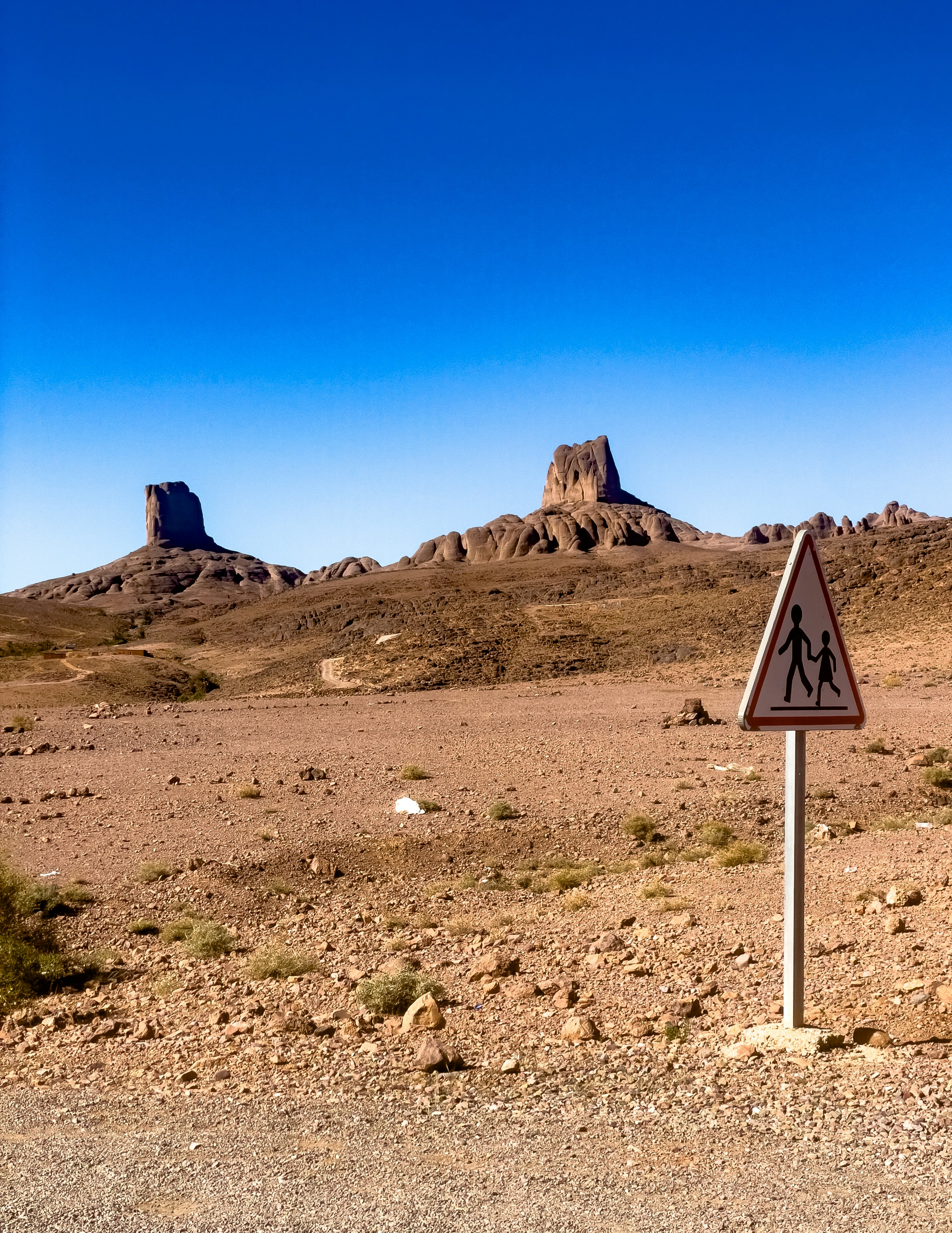 Desert Monoliths: A Lone Signpost Amidst Eroded Peaks