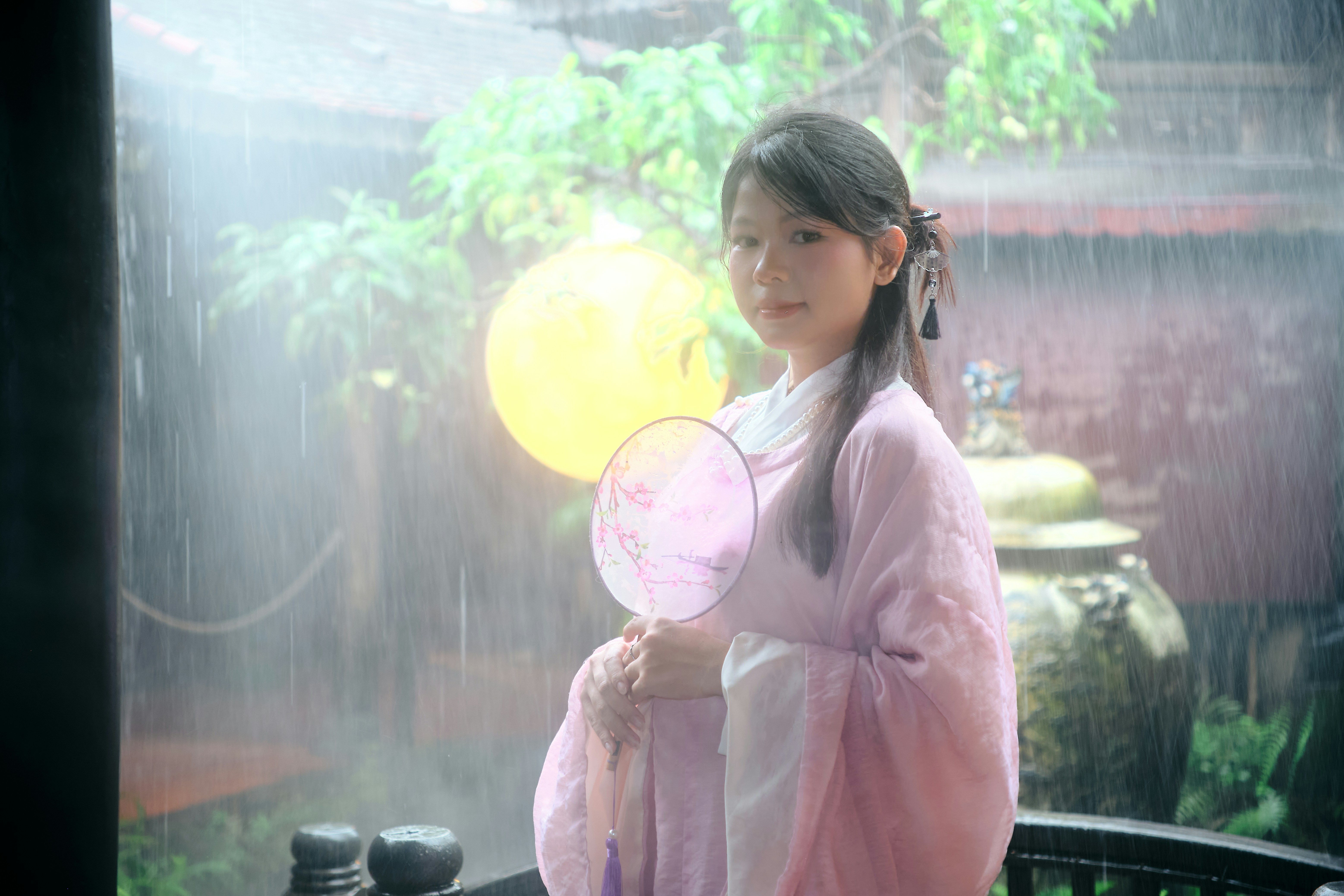 Lantern Glow in Pink Silk: A Quiet Rain Portrait