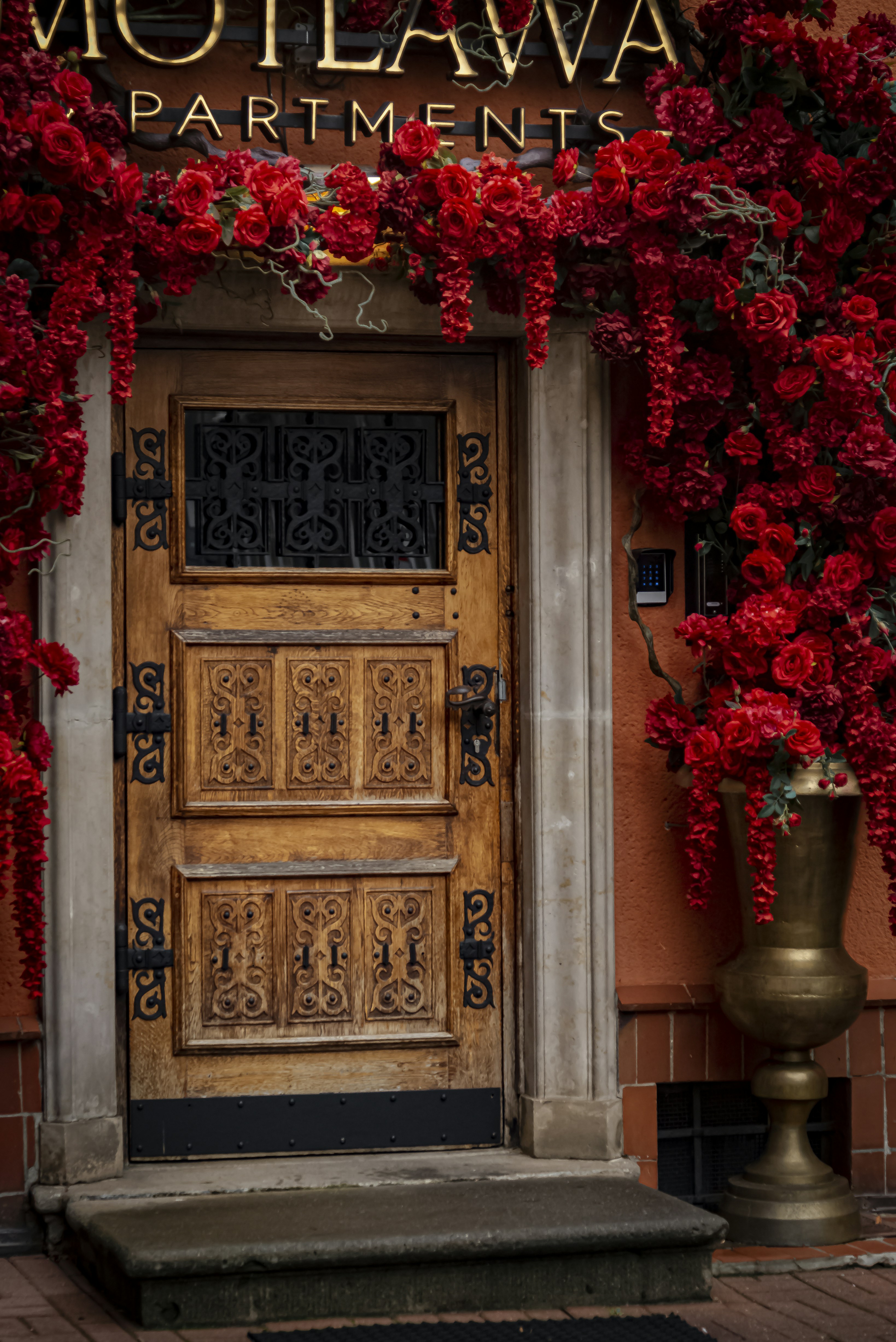 Ornate wooden door framed by vibrant red flowers. photo – Free ...