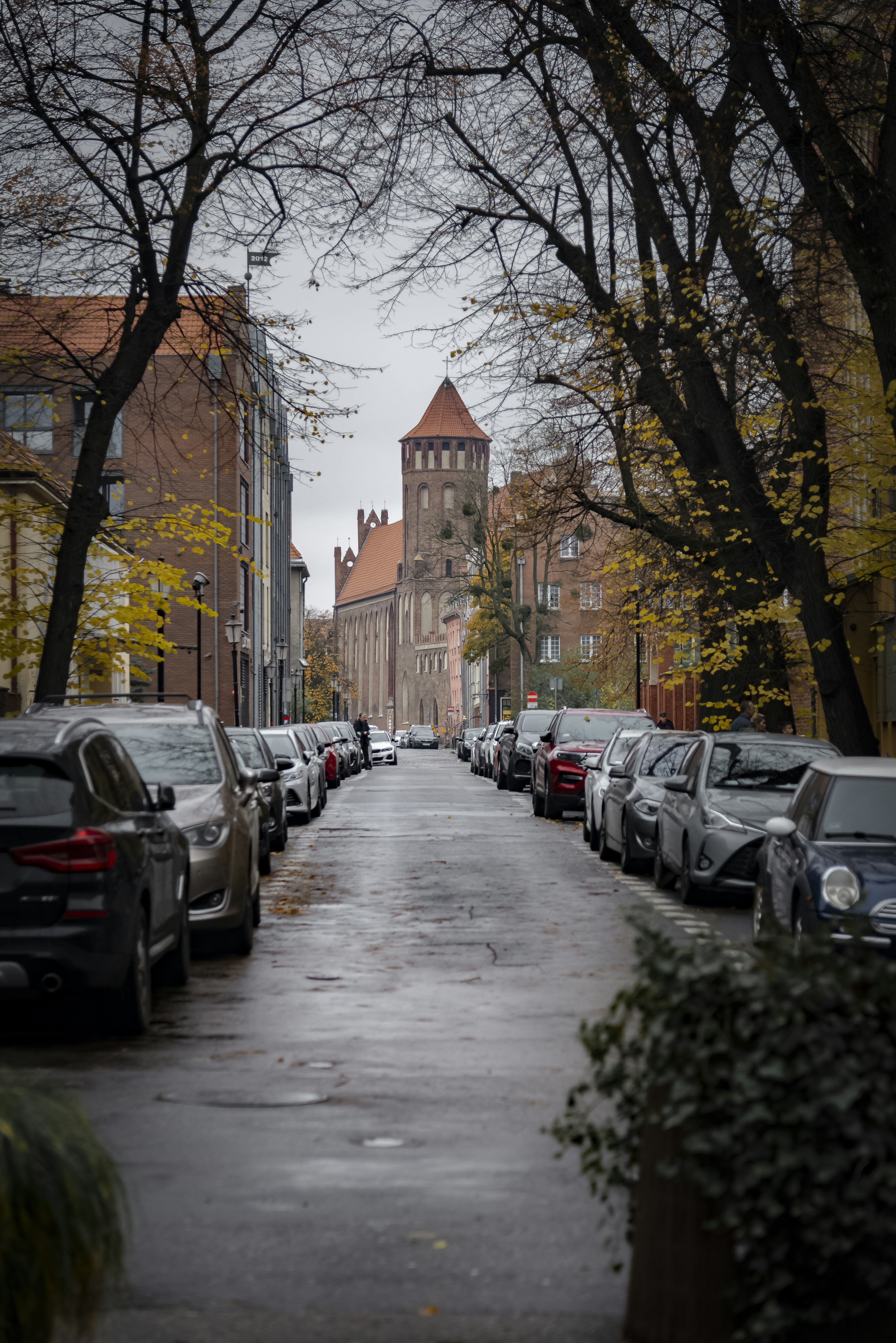 Red-Tiled Clocktower at the End of a Rain-Slick Avenue