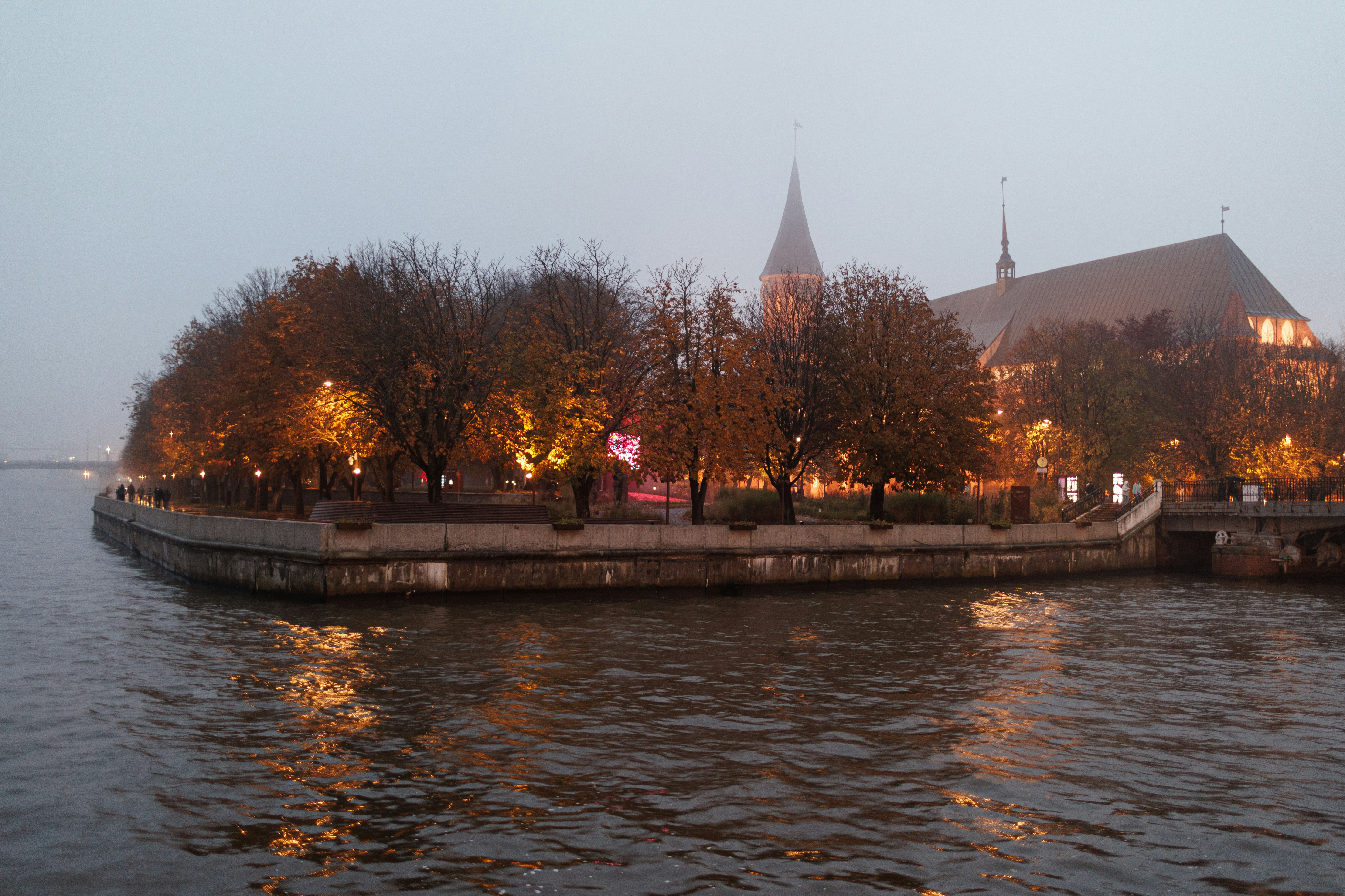 Illuminated trees and a historic building reflect on the river during a foggy evening. The scene captures the serene ambiance of a tranquil autumn night.