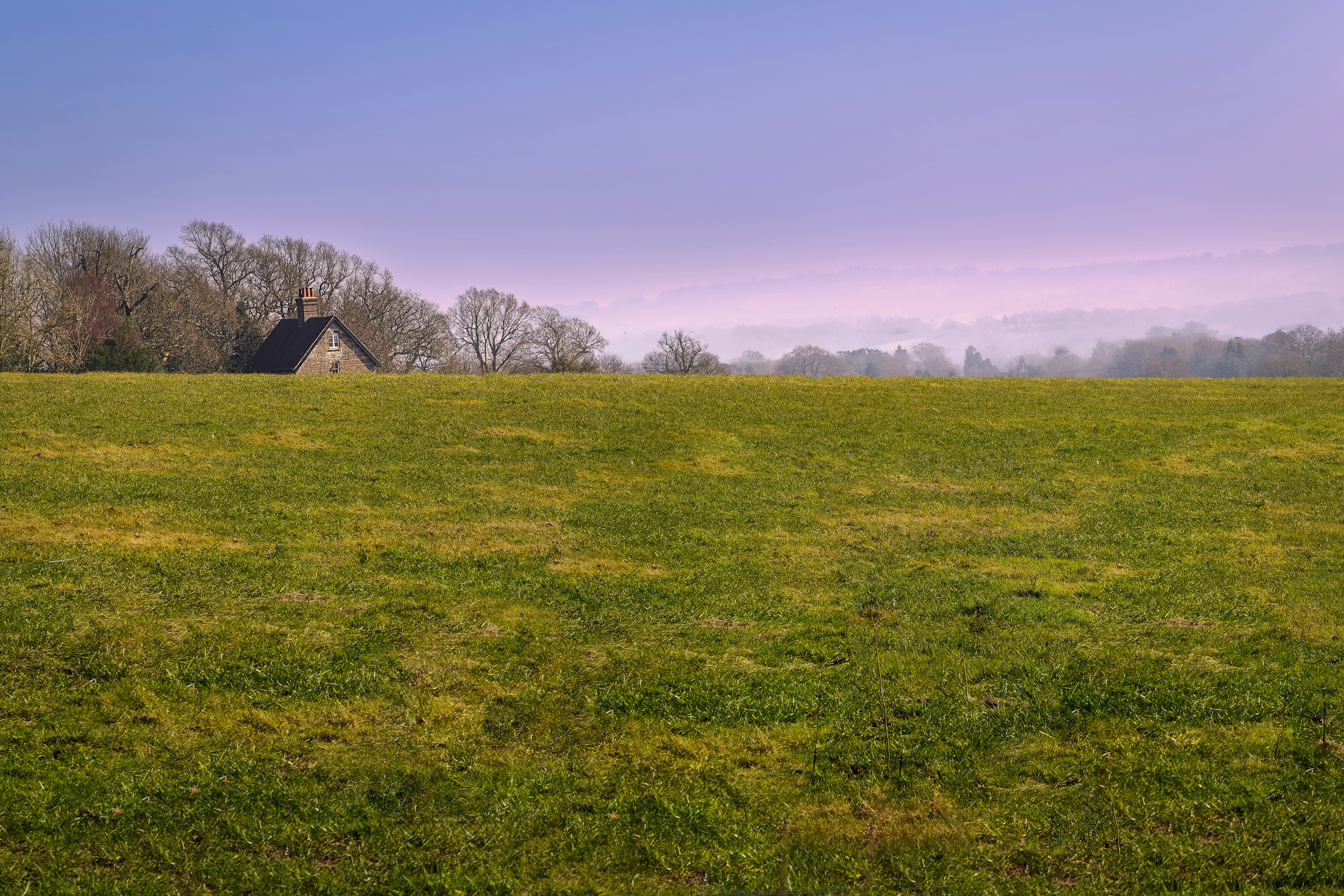 An English meadow against a dramatic pink sunset