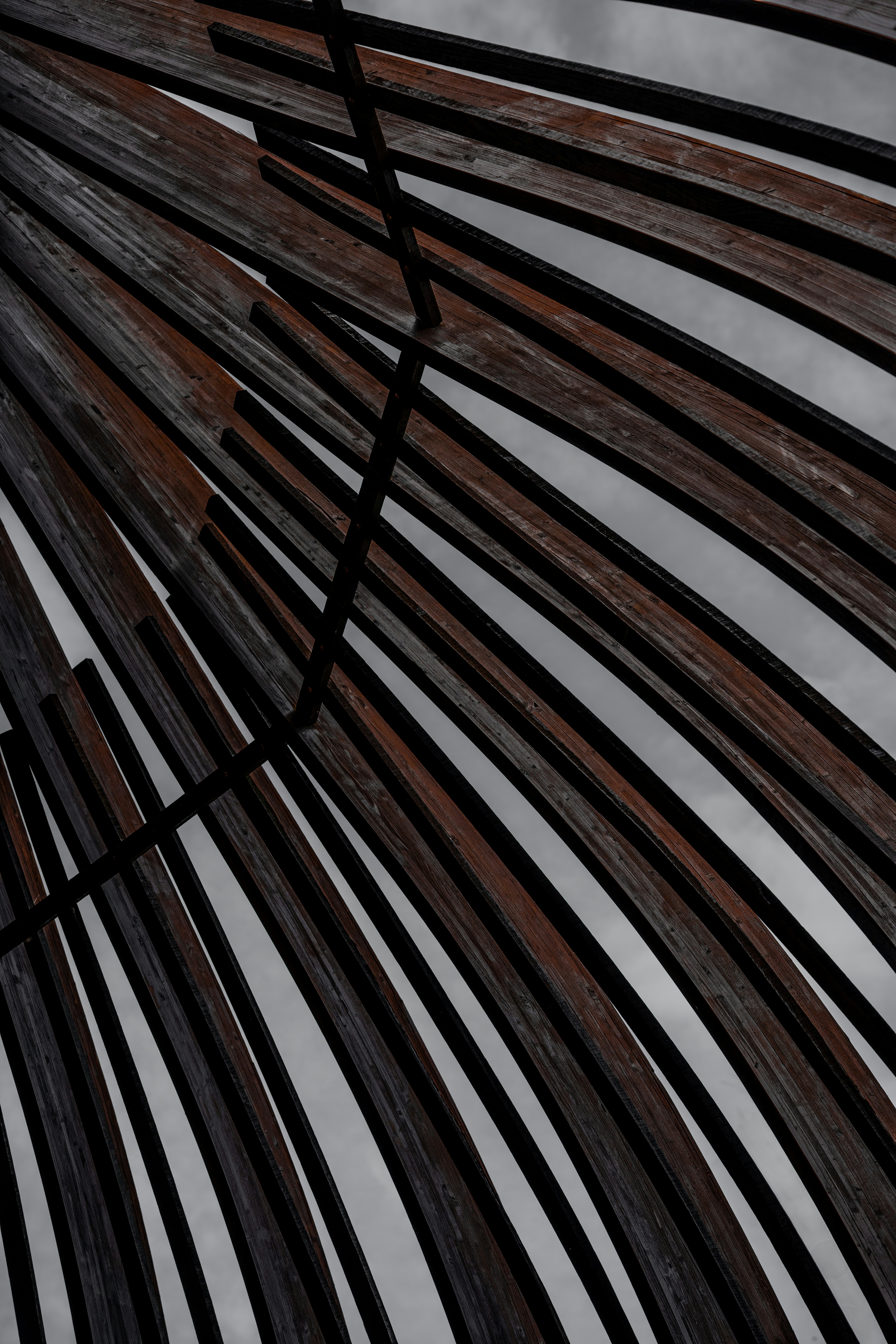 Abstract pattern of dark curved wooden slats against sky.