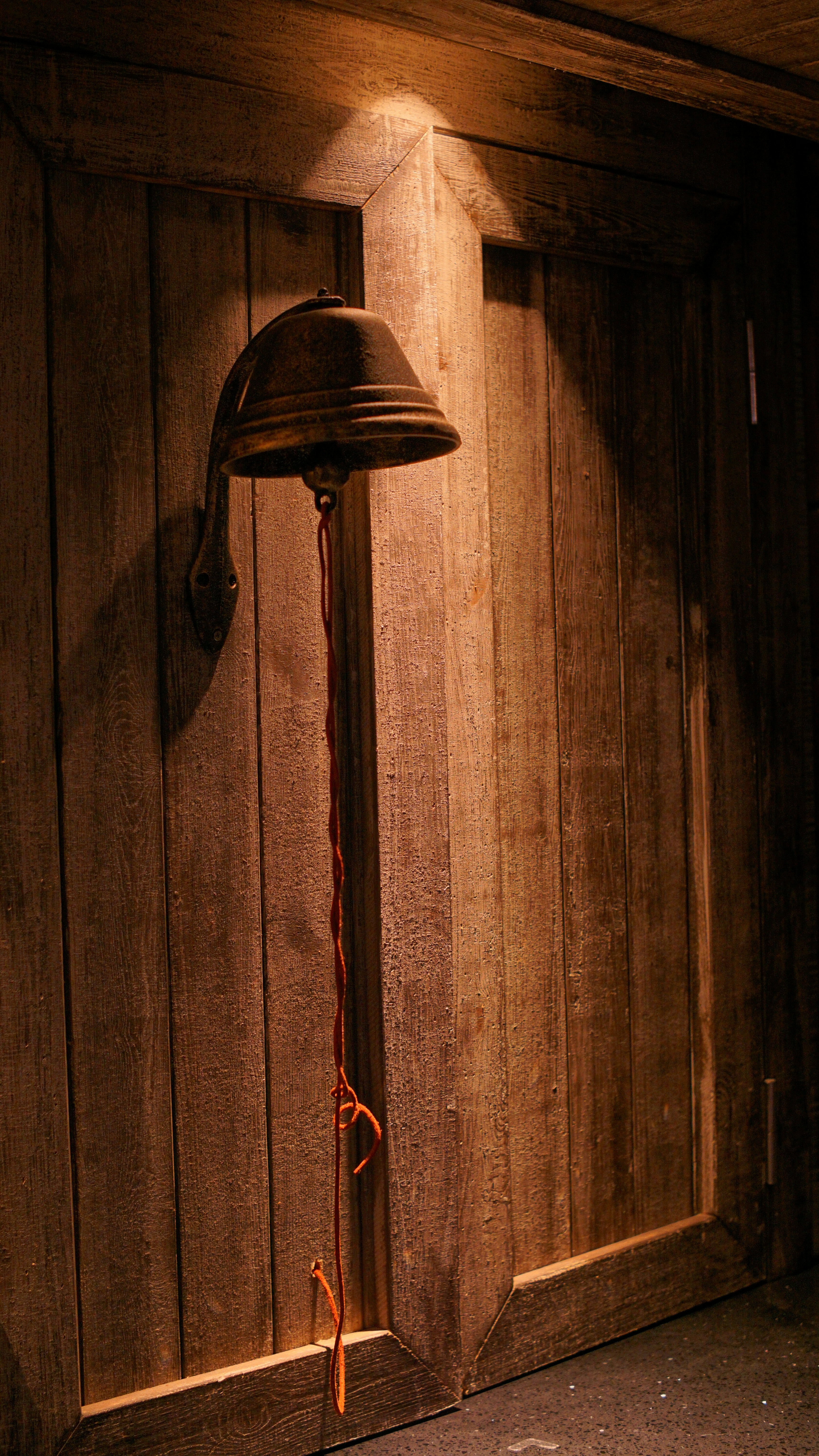 A vintage bell mounted on a wooden wall, illuminated by soft light, with a twisted red cord hanging below it.