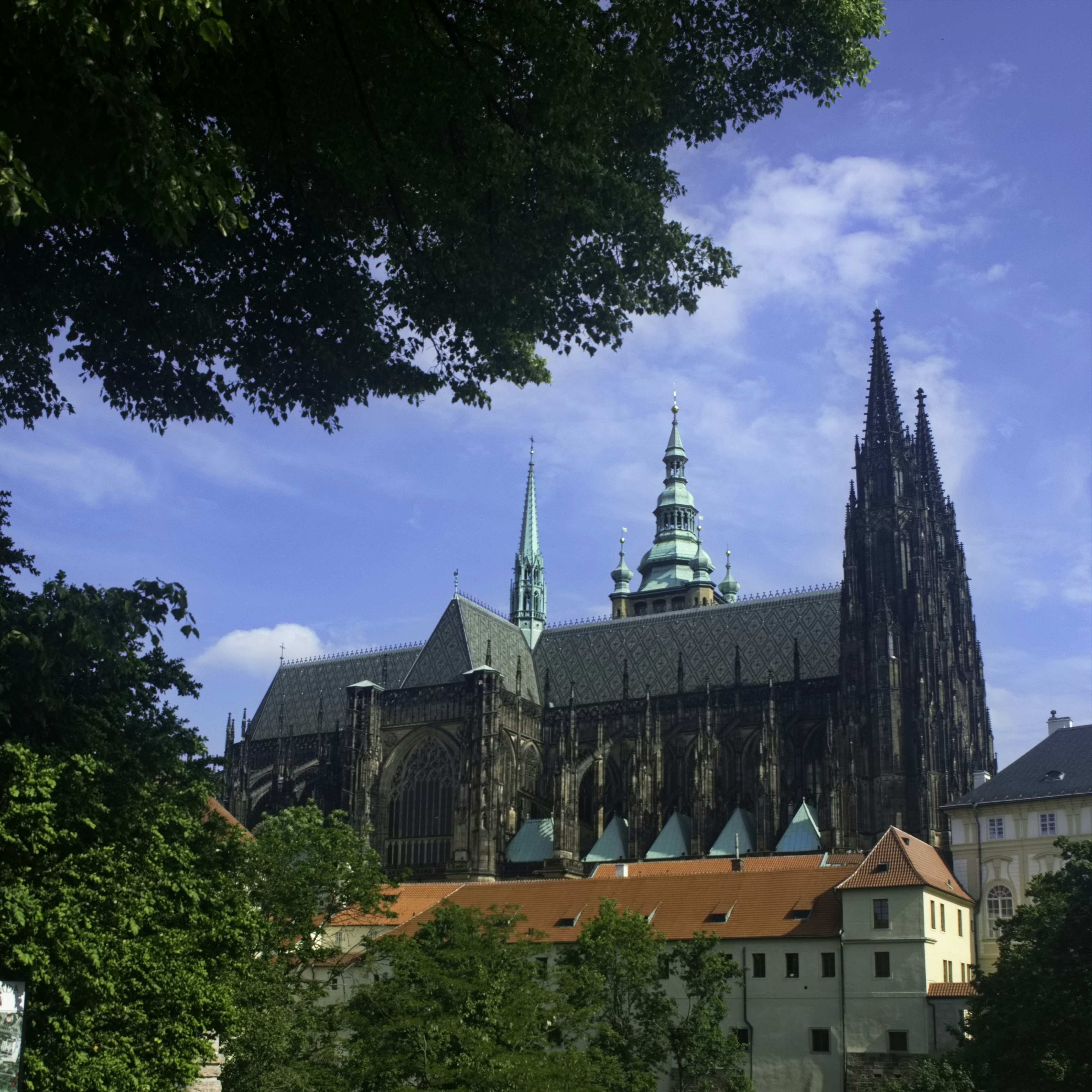 Gothic cathedral towers rise majestically, framed by vibrant green trees and historic buildings below.