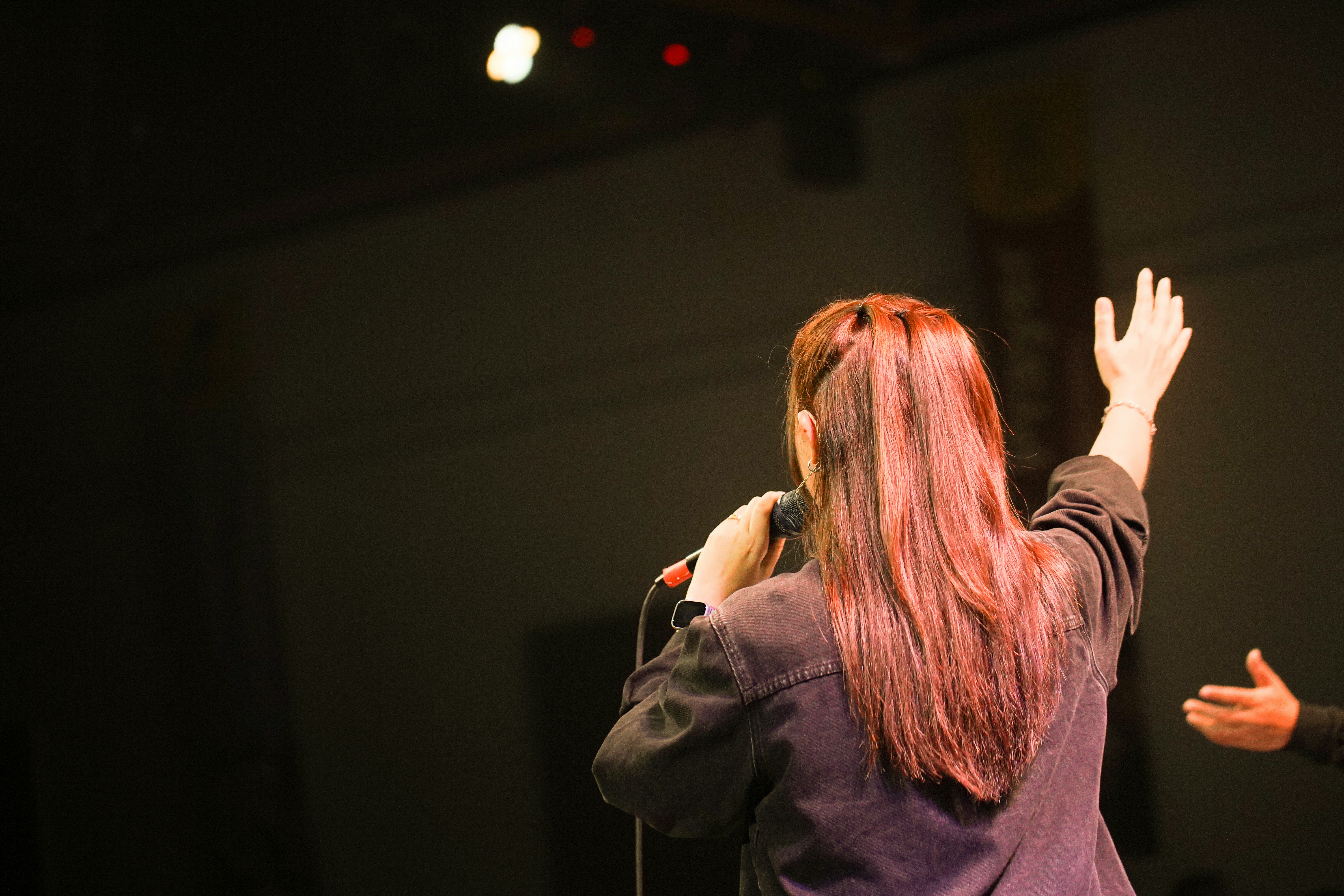 Singer with hand raised performing on stage. photo – Free Music Image ...