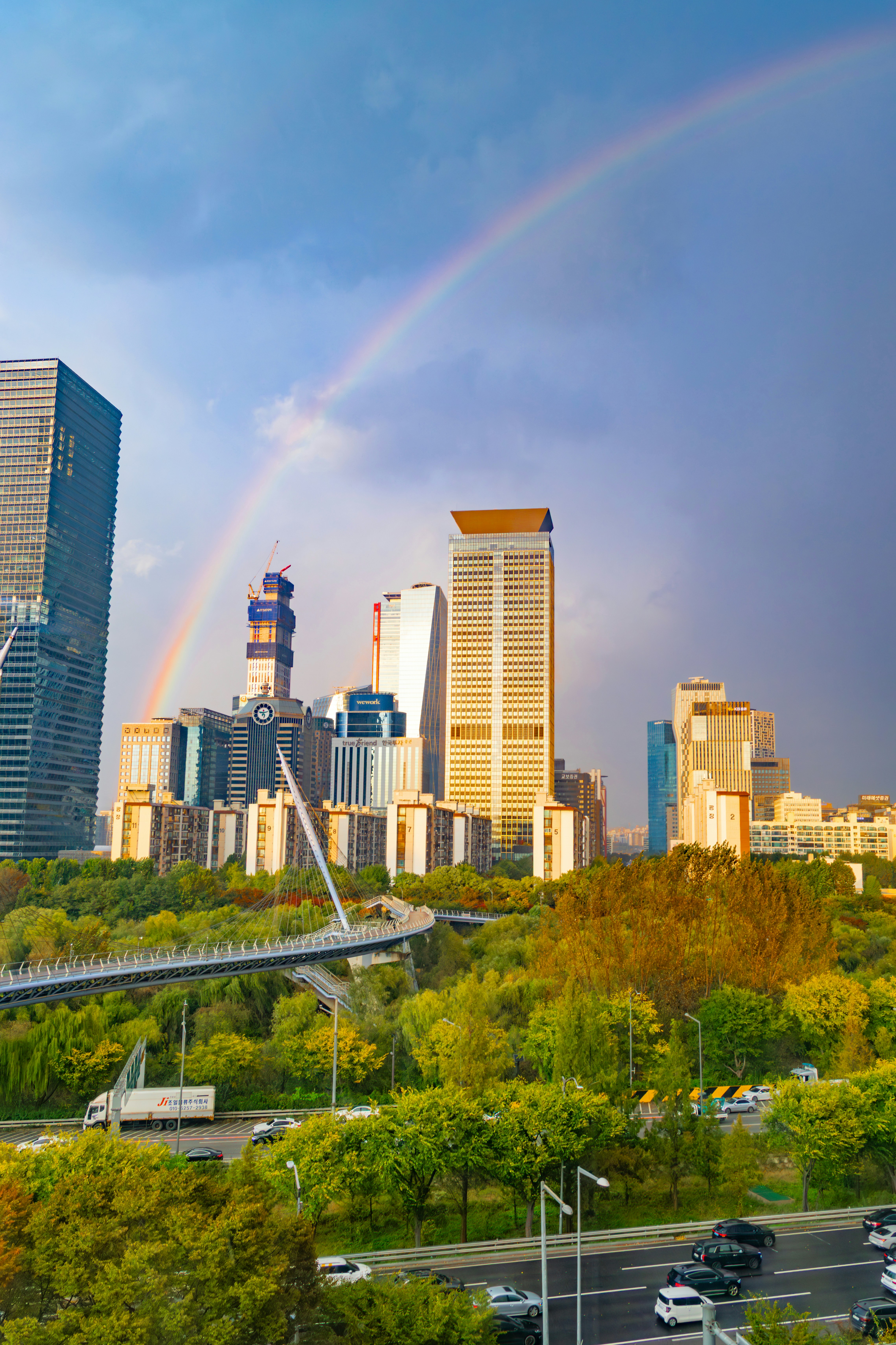 Prism Draped Over the Urban Crown: Rainbow Arch Over Modern Towers