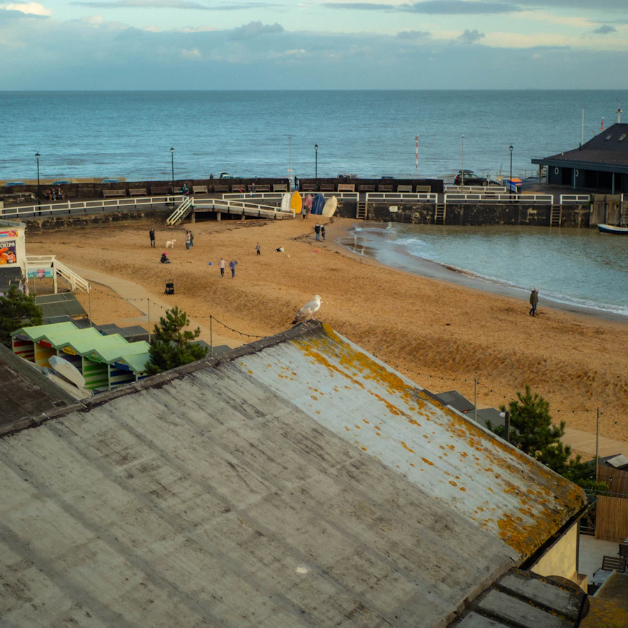 Wide view of a sandy beach beside a seawall and pier, with a few people scattered near the water. A weathered rooftop fills the foreground beneath a calm blue horizon.