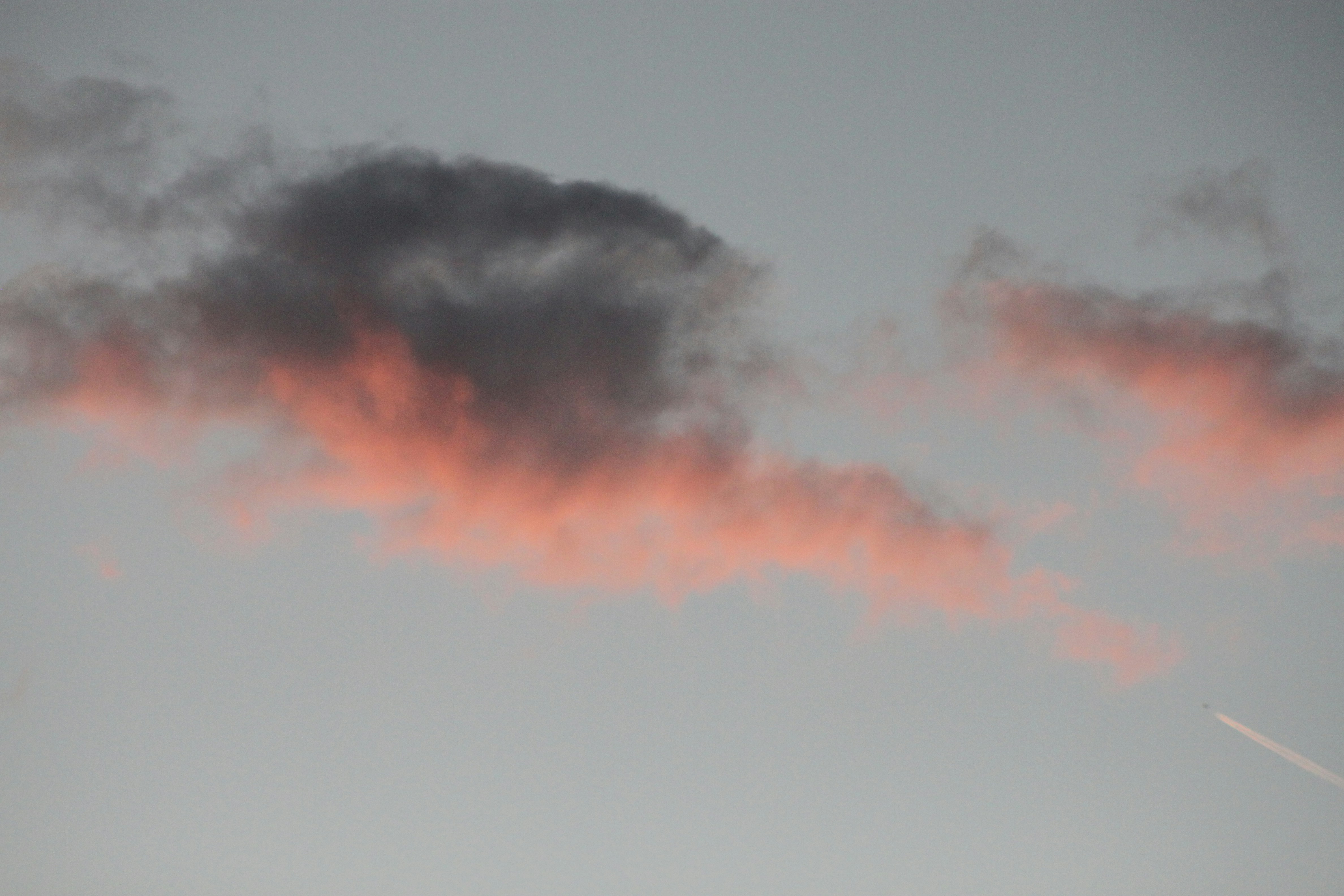 A wispy cloud tinged with soft pink hues against a fading sky, capturing the serene transition of day to night.