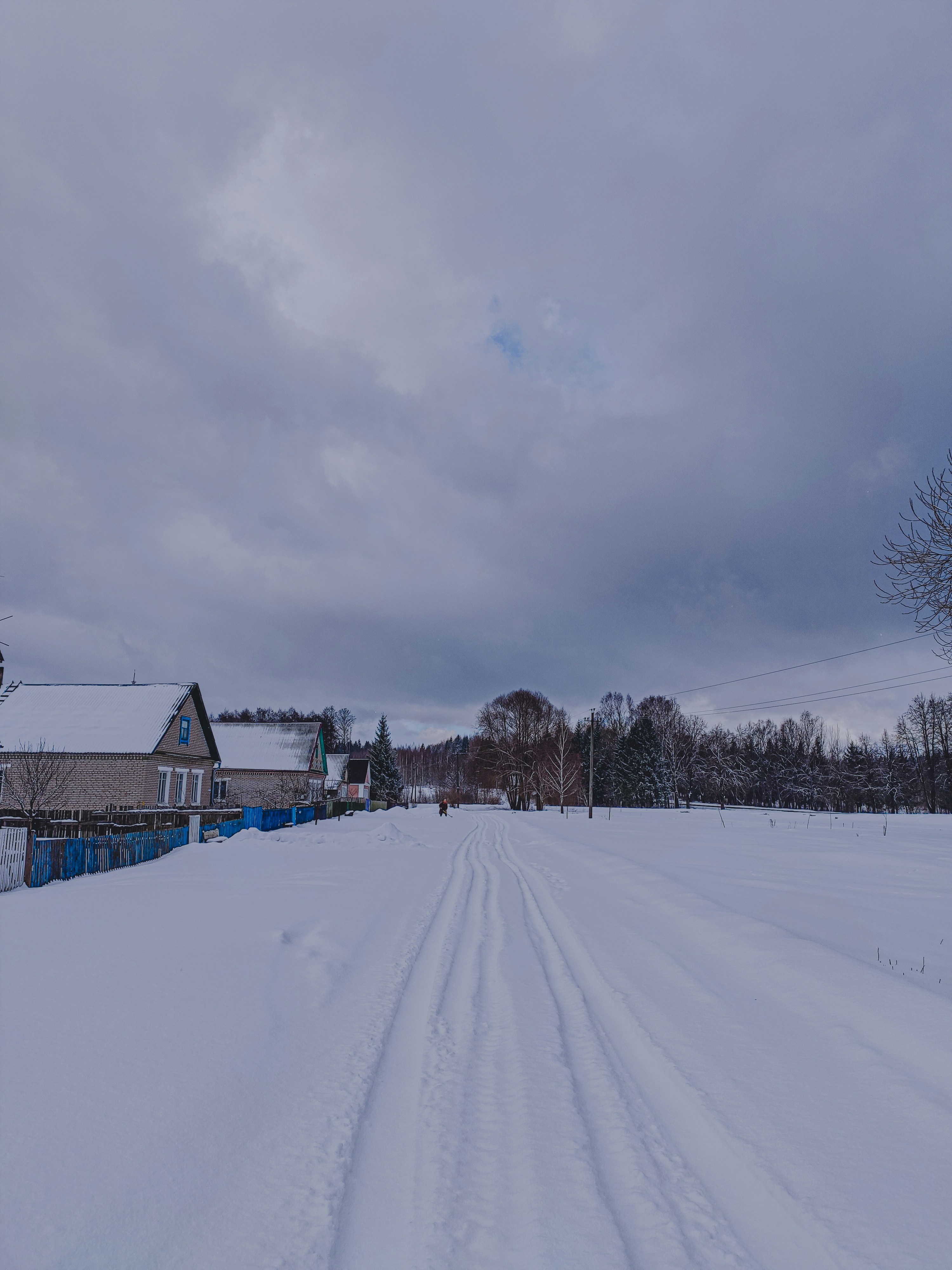 Snow-covered road winding through a quiet village with rustic houses and a cloudy sky.