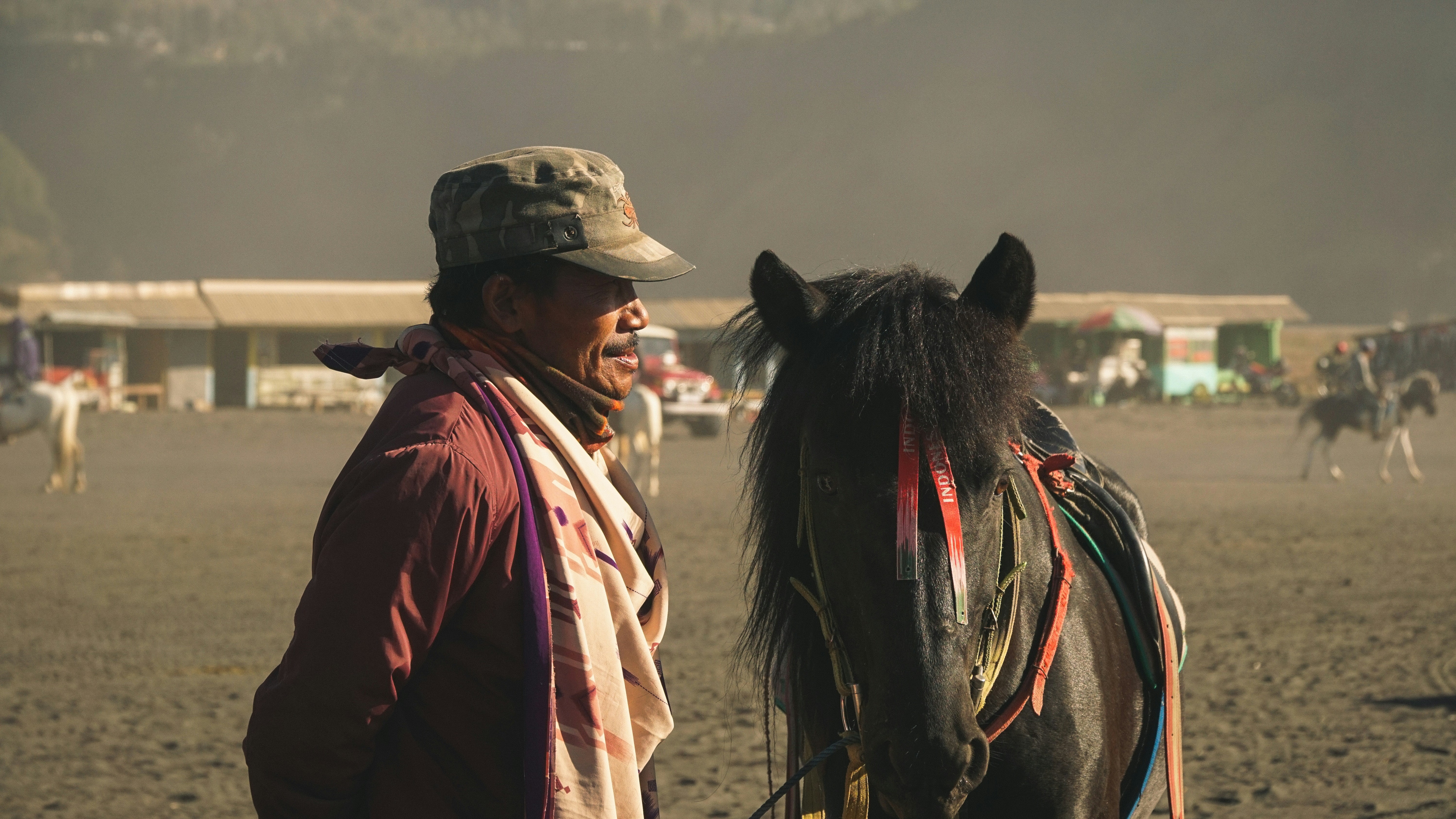 A horseman in a cap stands beside his horse, both adorned with colorful straps, amidst a dusty environment that hints at a lively equestrian event.
