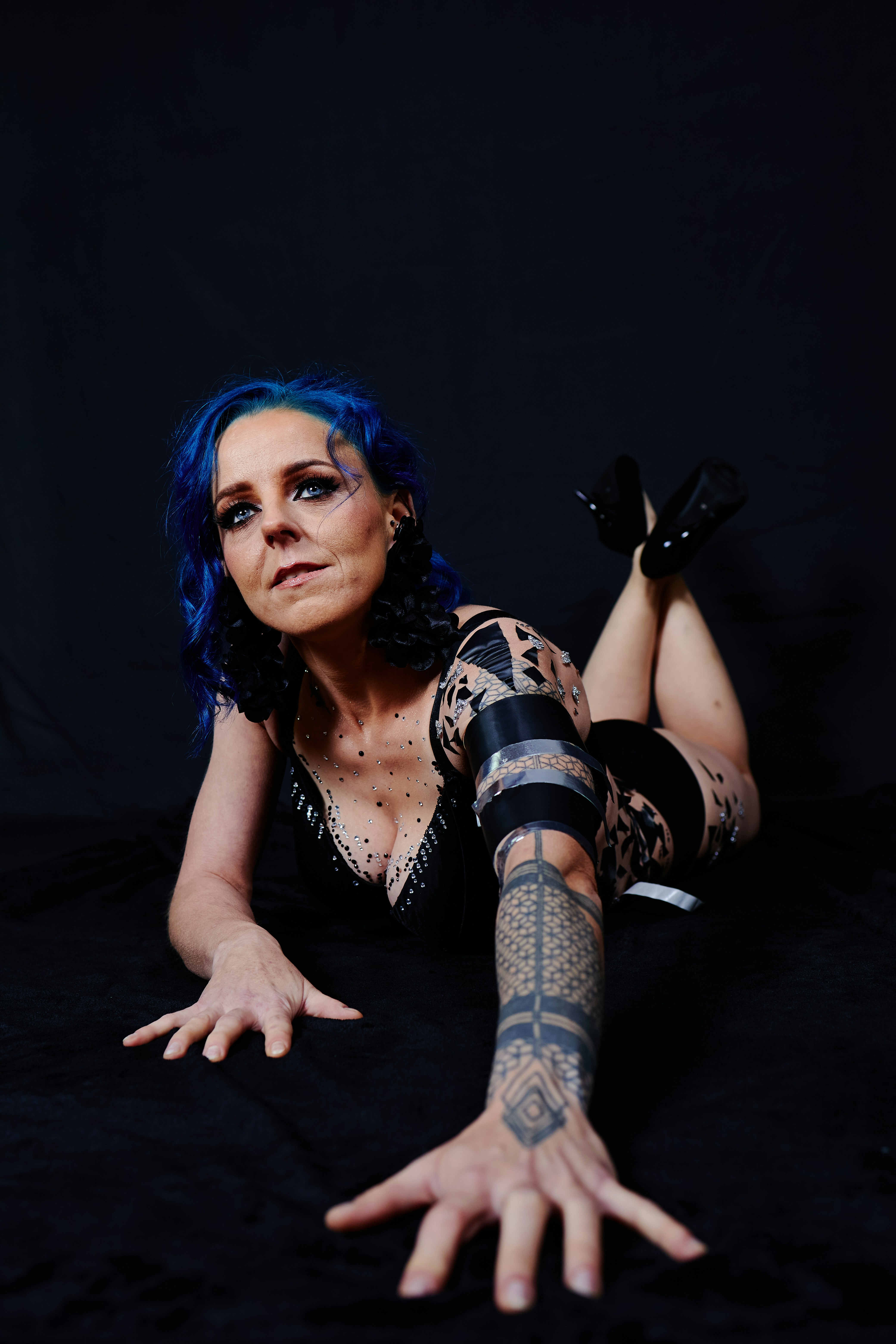 Blue-Haired Siren Reaching Through Velvet Darkness