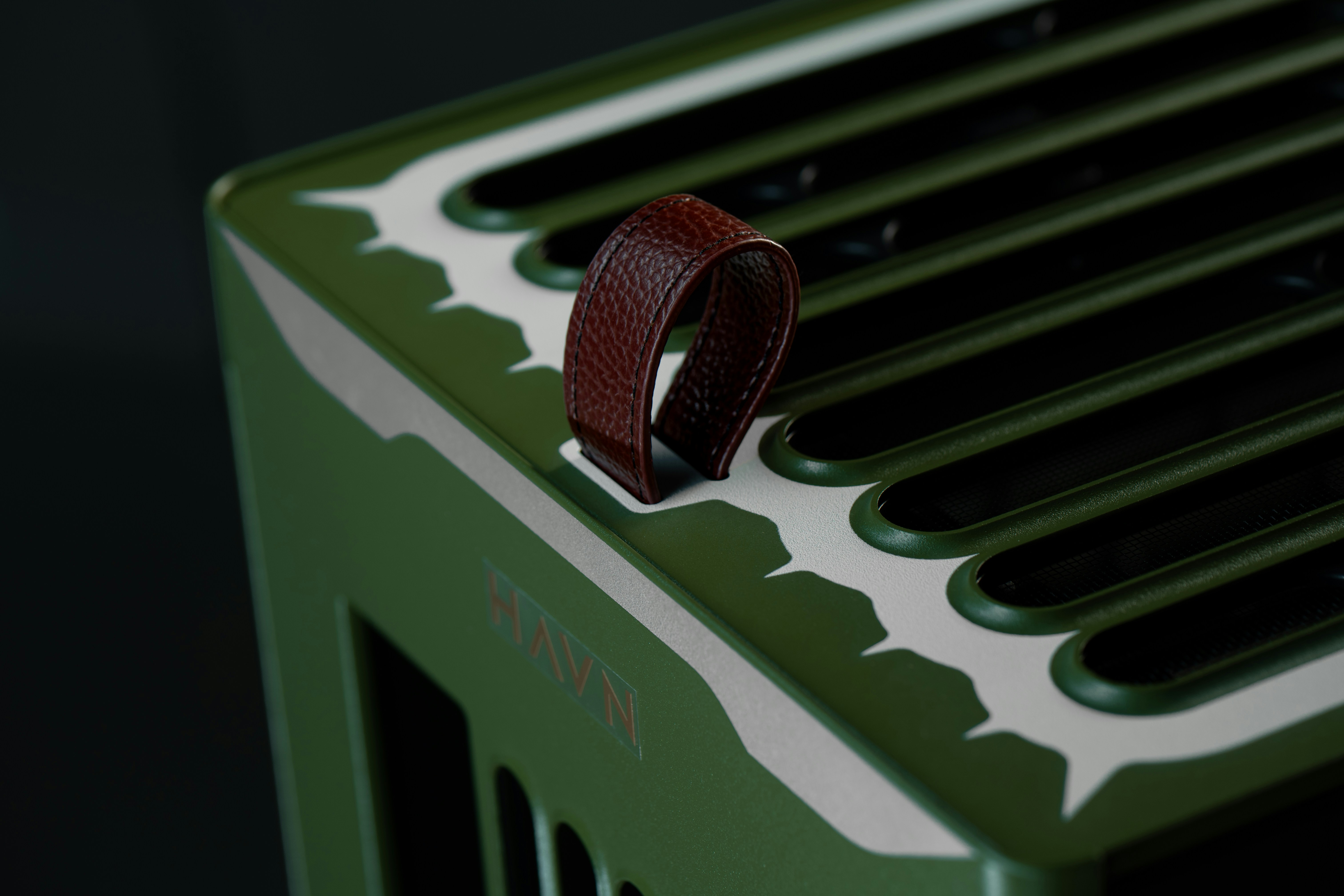 Leather Loop on a Vented Olive-Green Amp: Close-Up of Craft and Texture