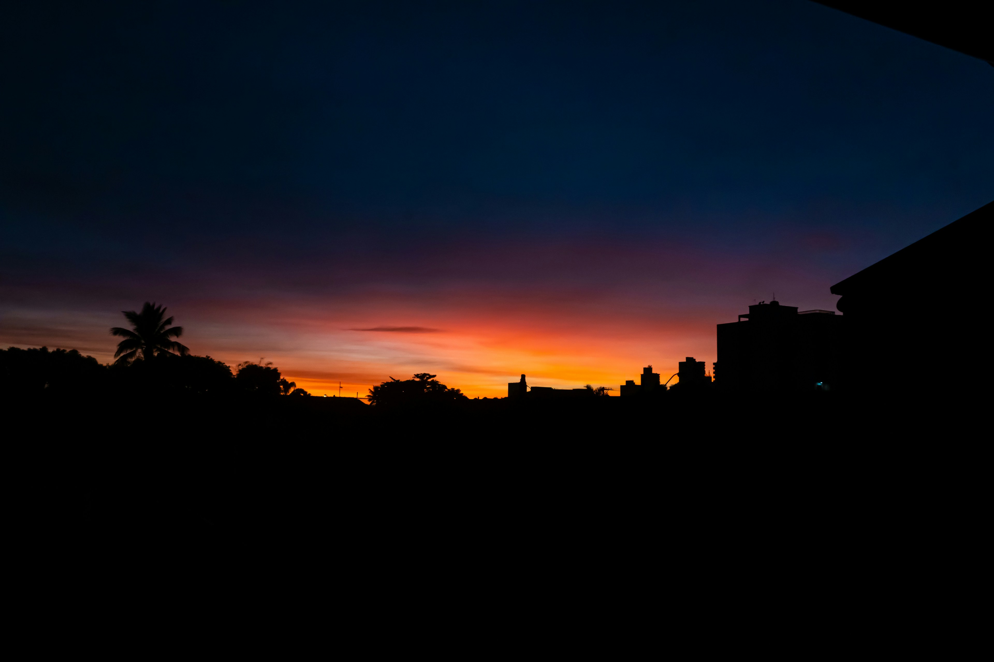 Vibrant sunset casting hues of orange and purple over silhouetted cityscape and palm trees. The transition from day to night unfolds beautifully.