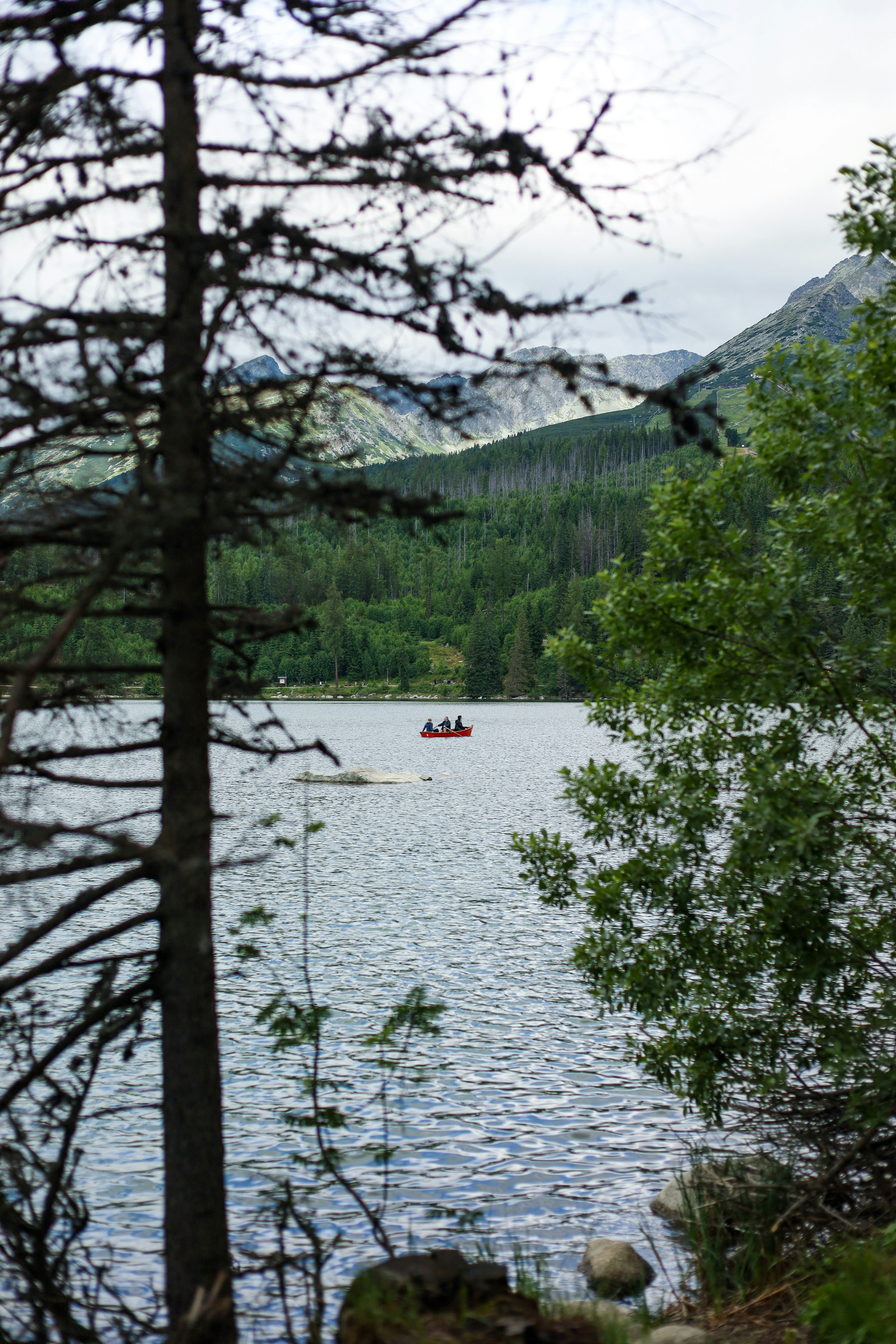 A canoe glides across a tranquil lake, framed by lush greenery and distant mountains. The scene captures the essence of outdoor exploration and peaceful reflection.