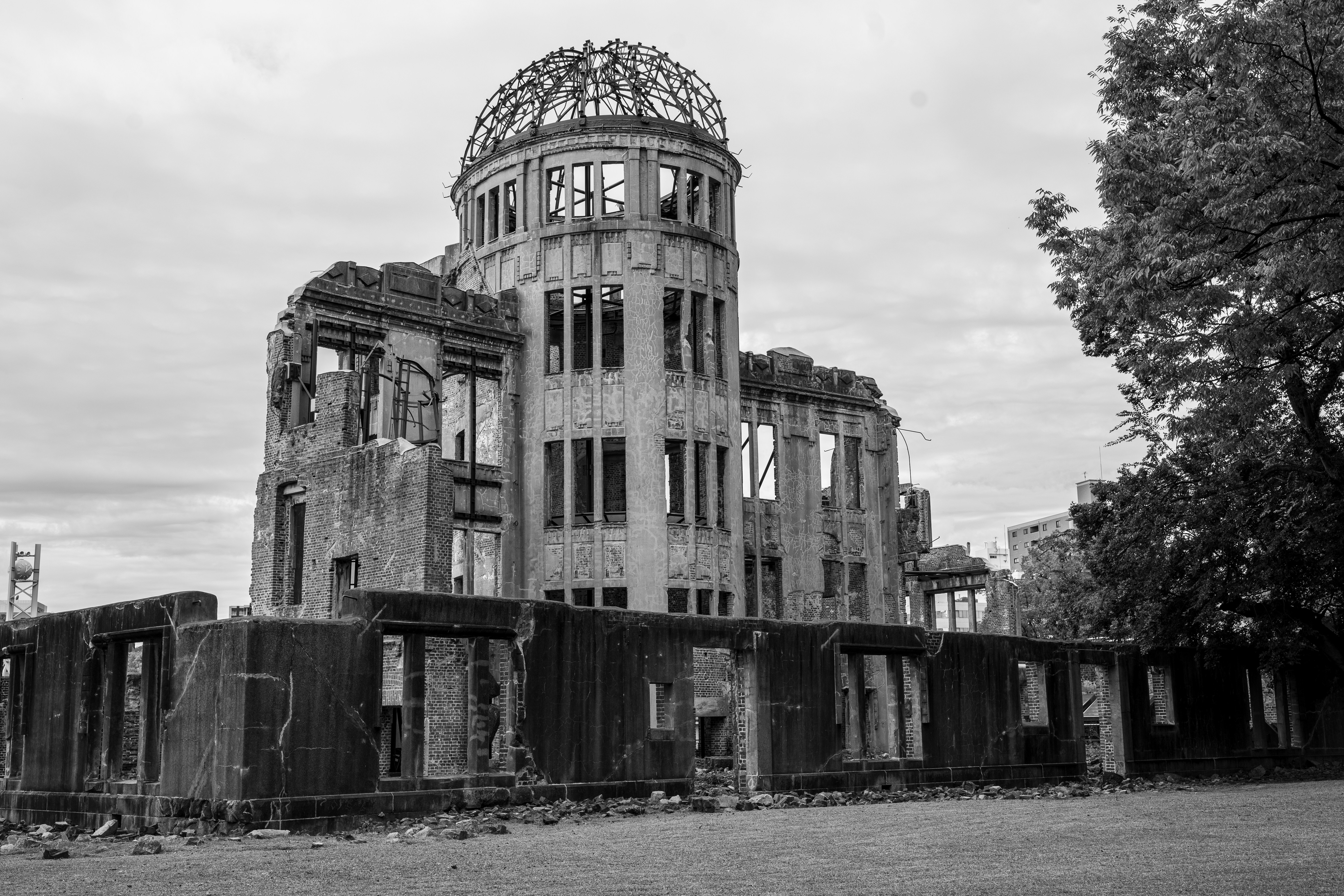 Skeletal Dome Among Ruins: A Monochrome Remembrance