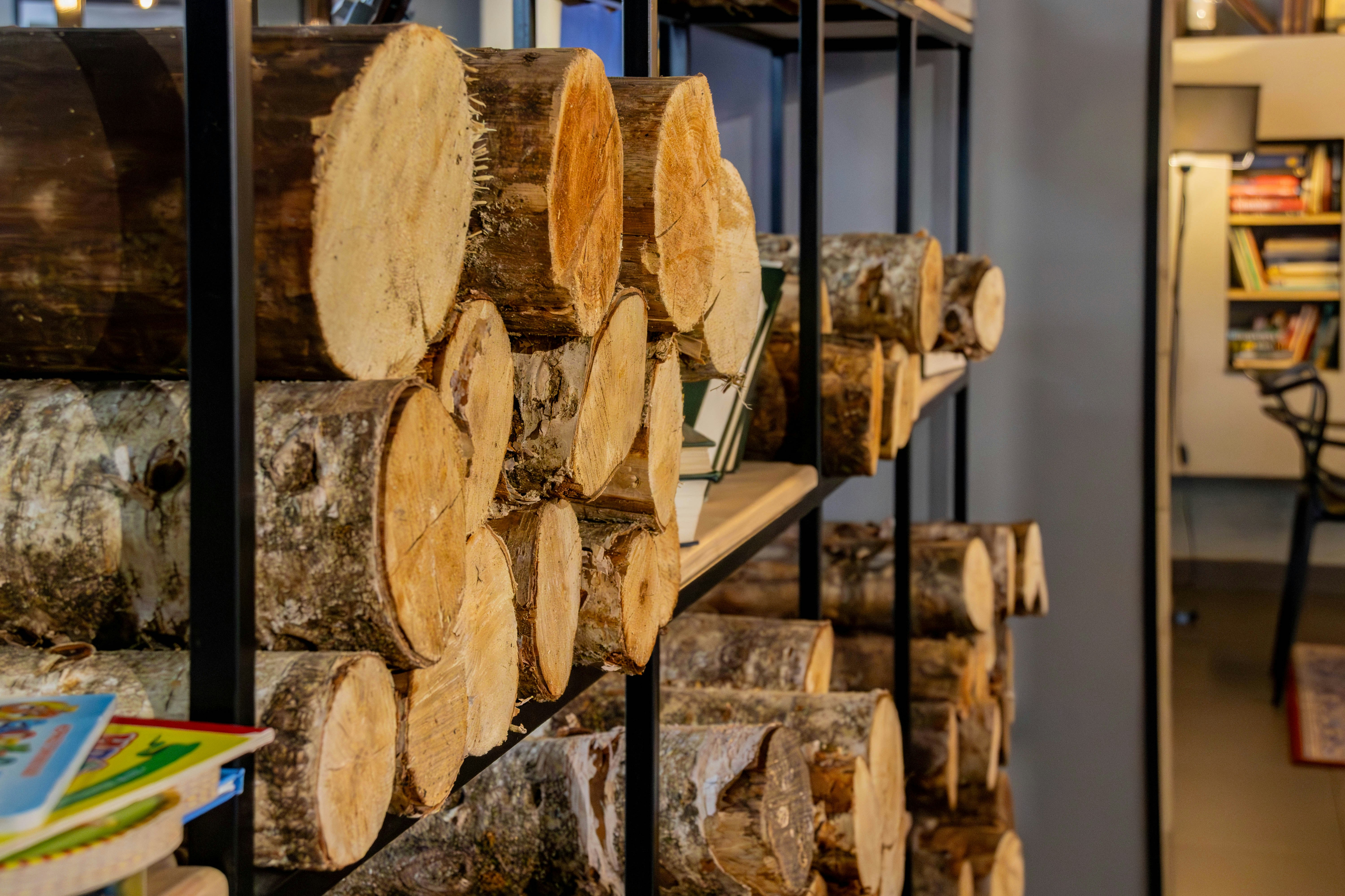 End-Grain Portrait: Firewood Stacks on Industrial Shelves