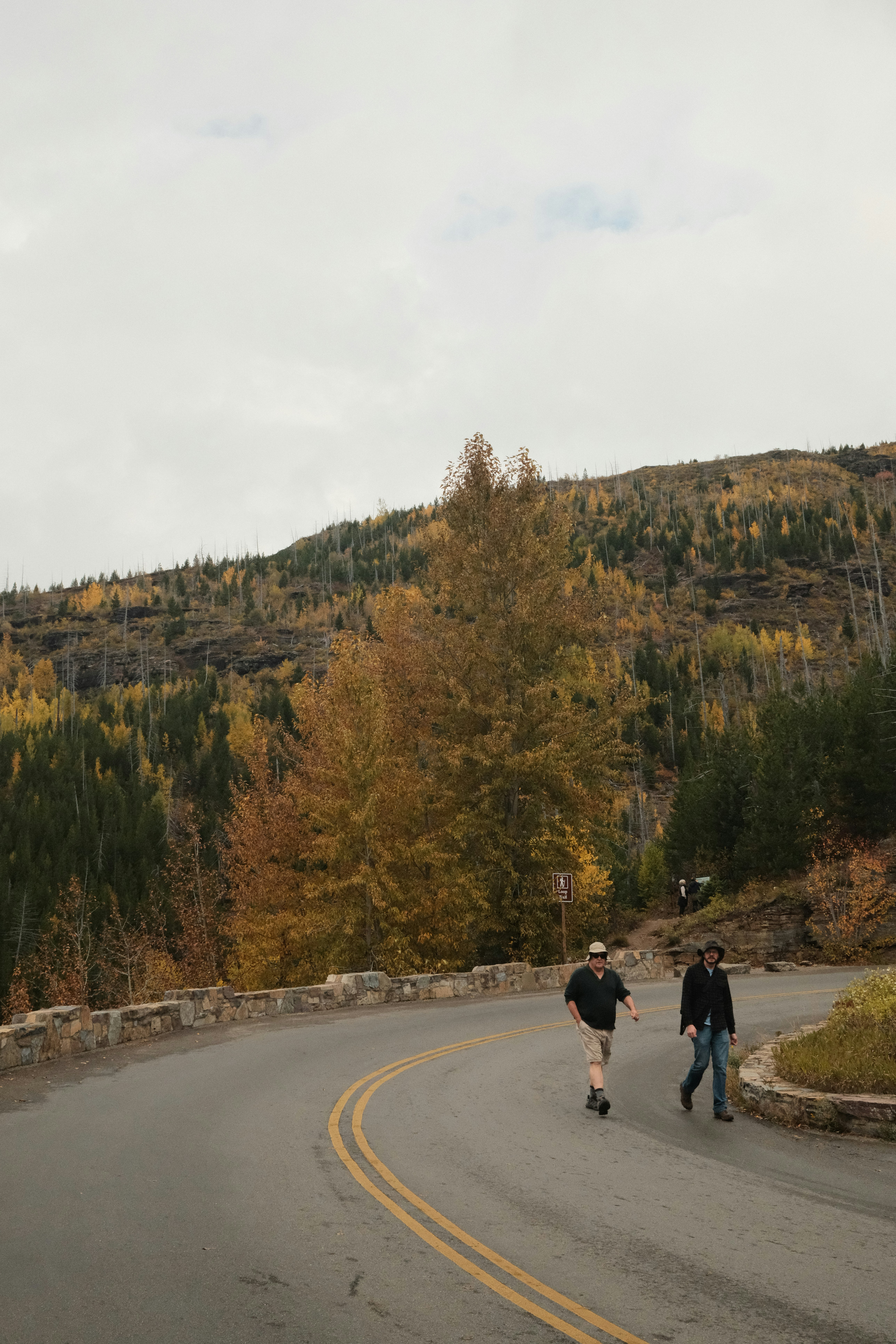 Autumn Bend: Two Wanderers on a Mountain Road
