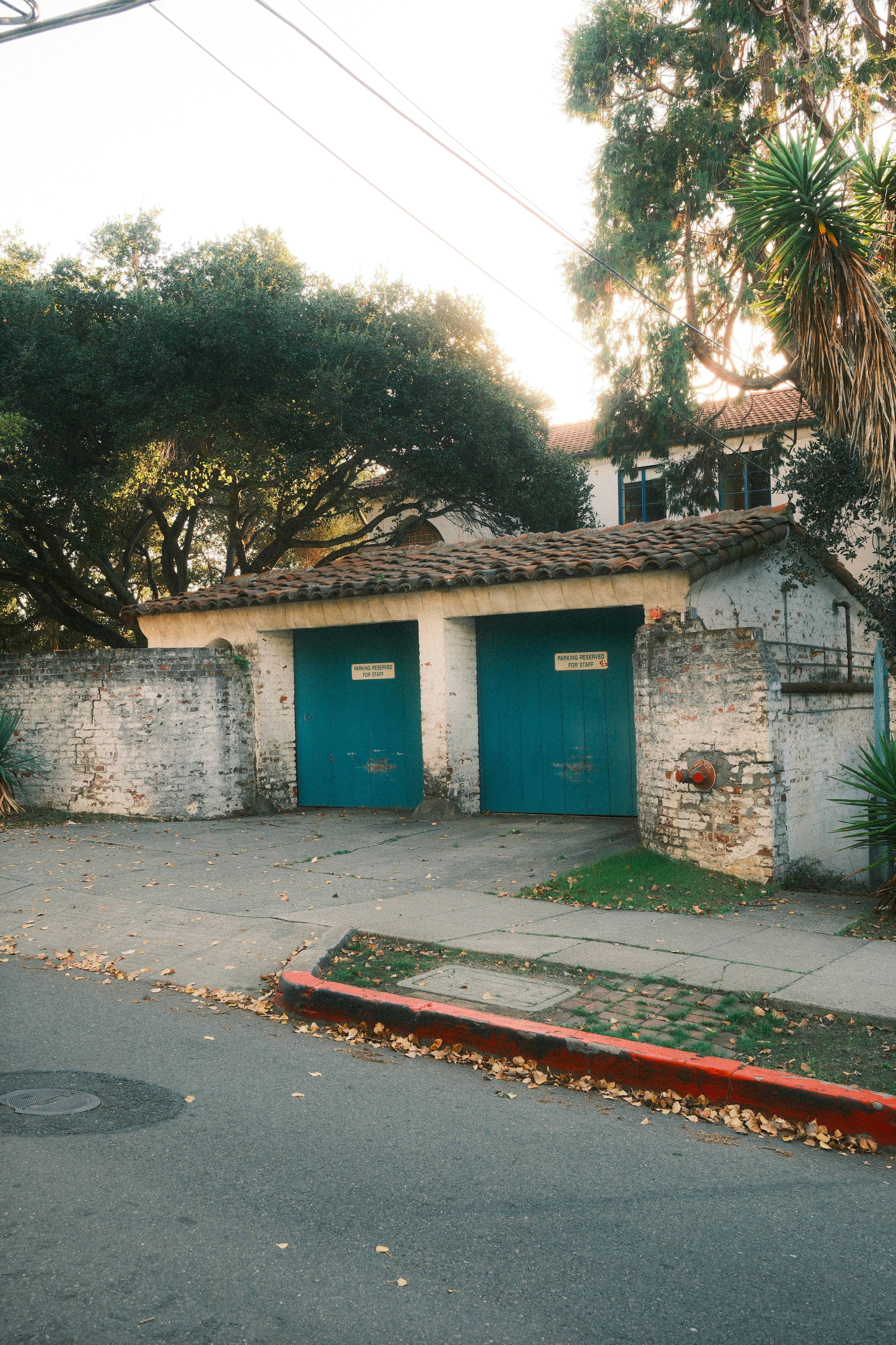 Two teal garage doors behind a brick wall