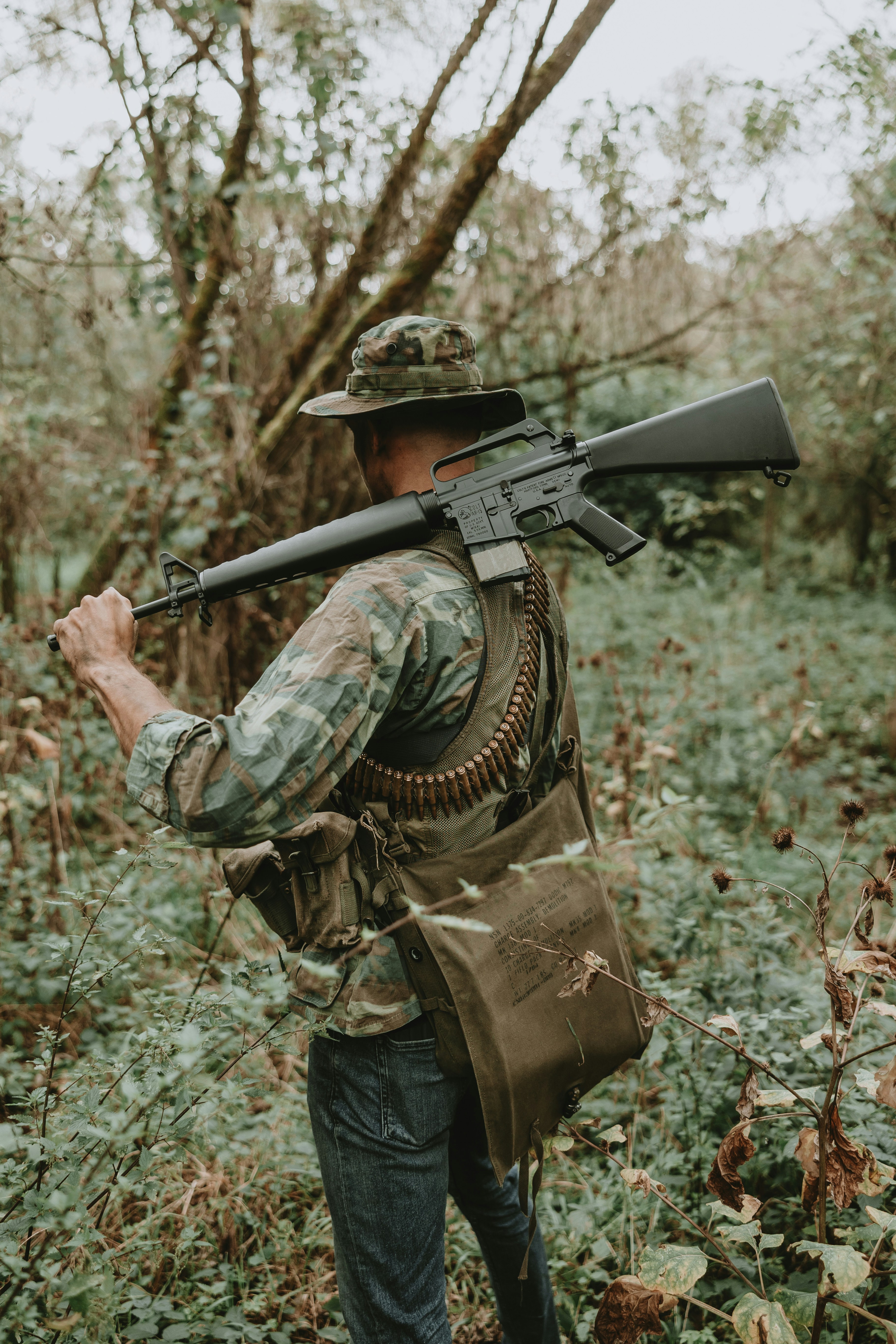 Forest Sentinel: A hunter shoulders his rifle through tangled brush
