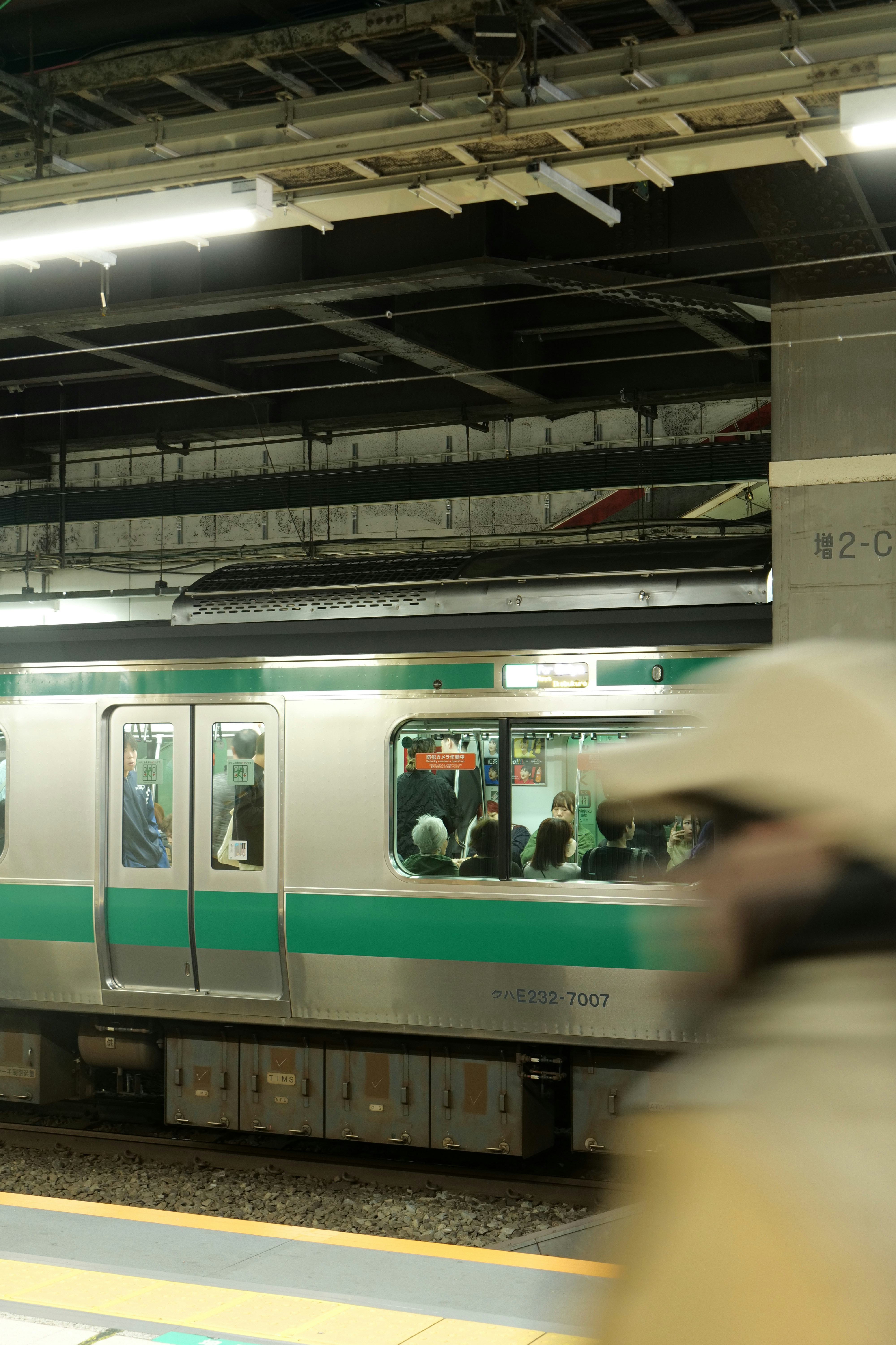 Green-Stripe Subways: Passengers in View Through a Blurred Foreground