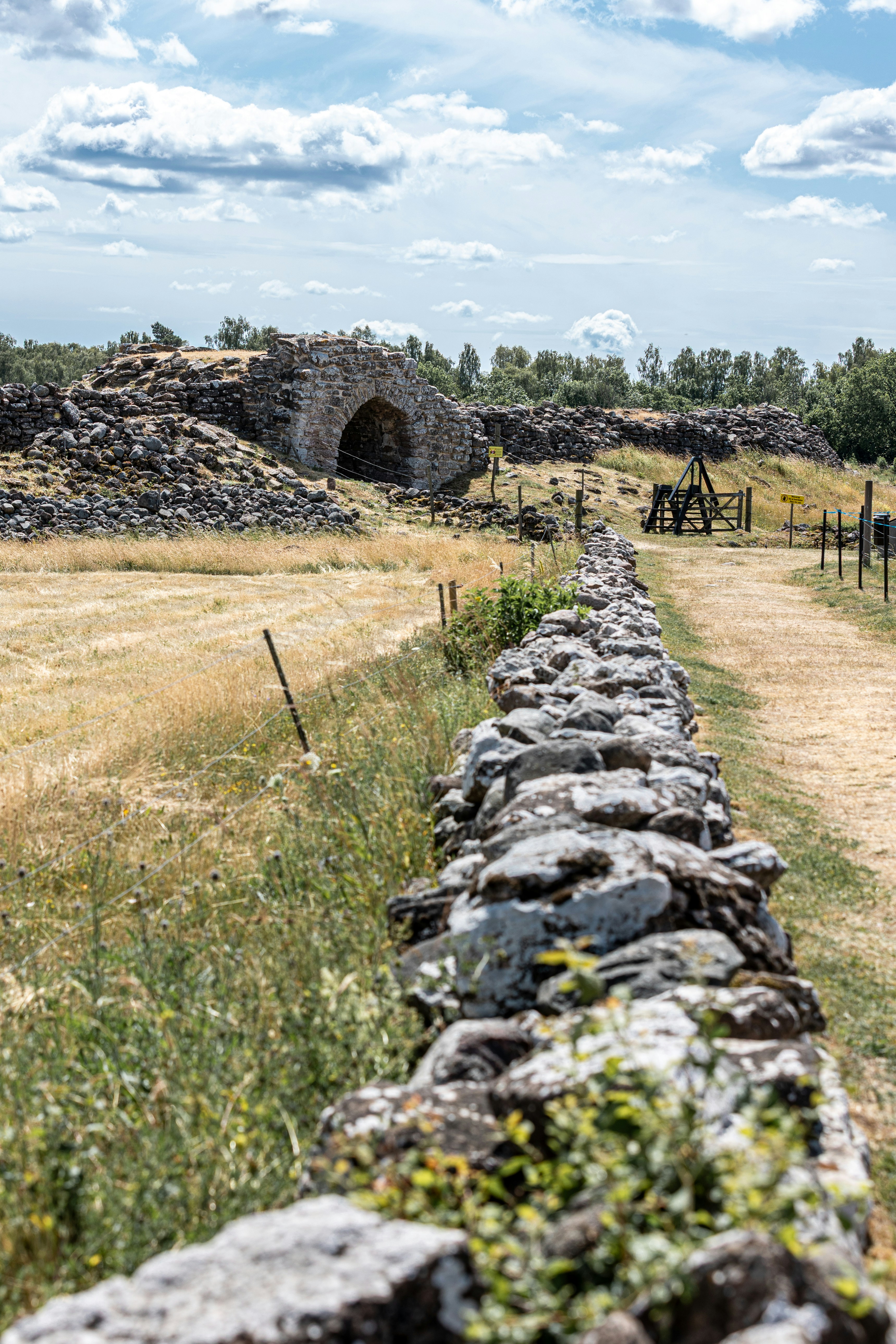 Ruins of an ancient stone structure surrounded by golden grass under a blue sky, leading to a distant archway. The scene captures the essence of historical exploration.