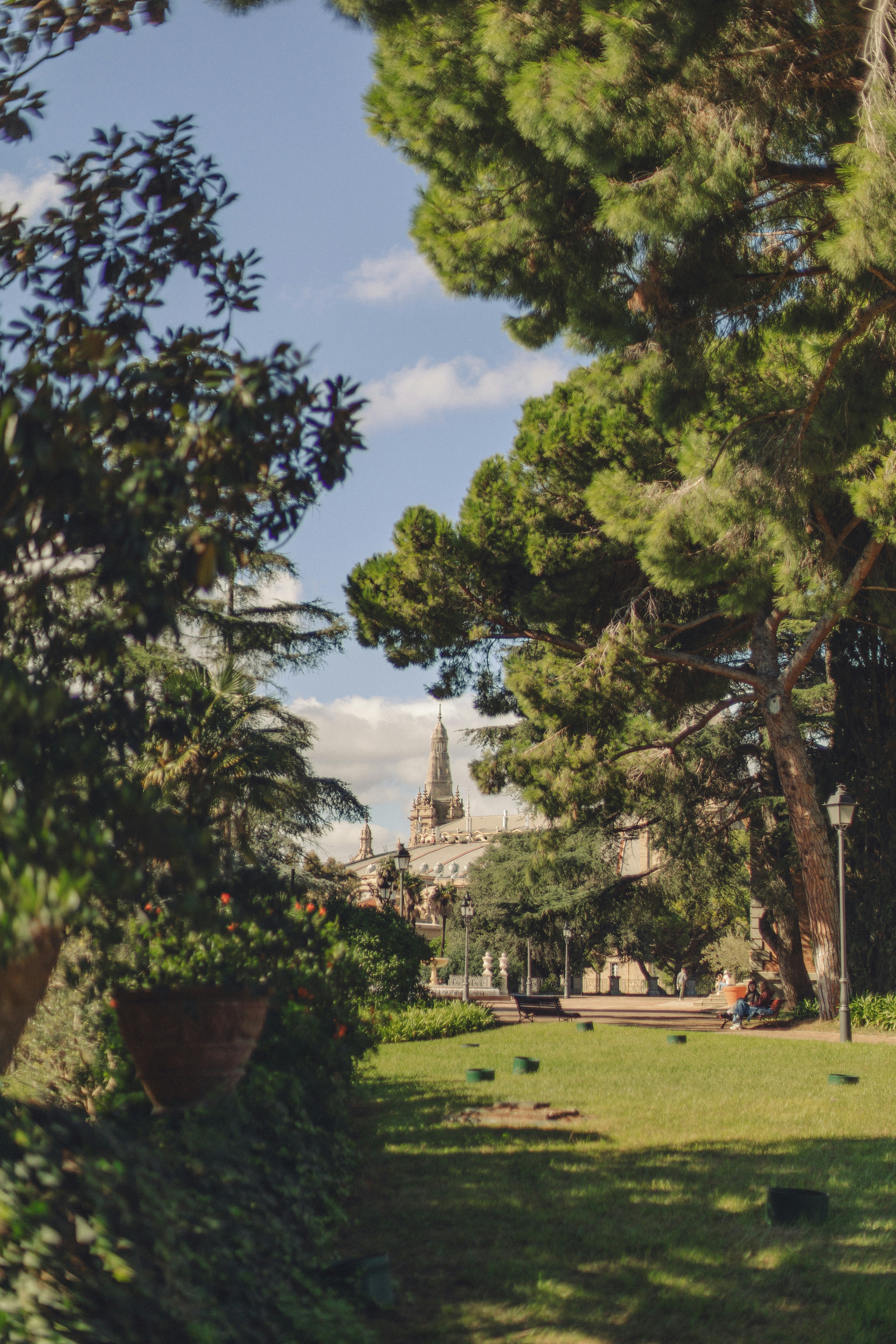 Distant Spire Through a Green Corridor: A Quiet Park Vista