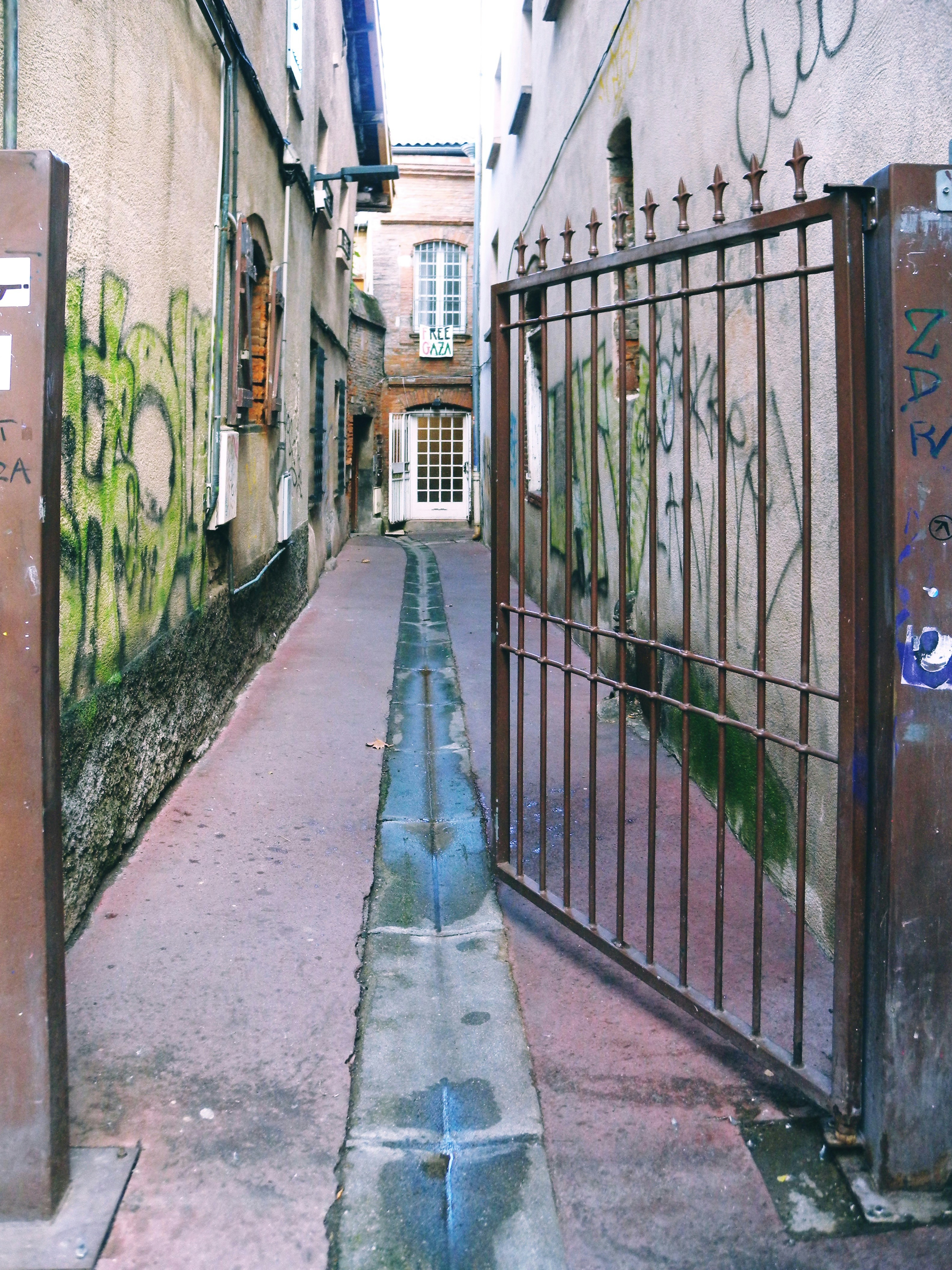 Narrow alleyway framed by graffiti-covered walls, leading to a gated entrance. The scene captures urban life and the contrast between decay and hidden beauty.