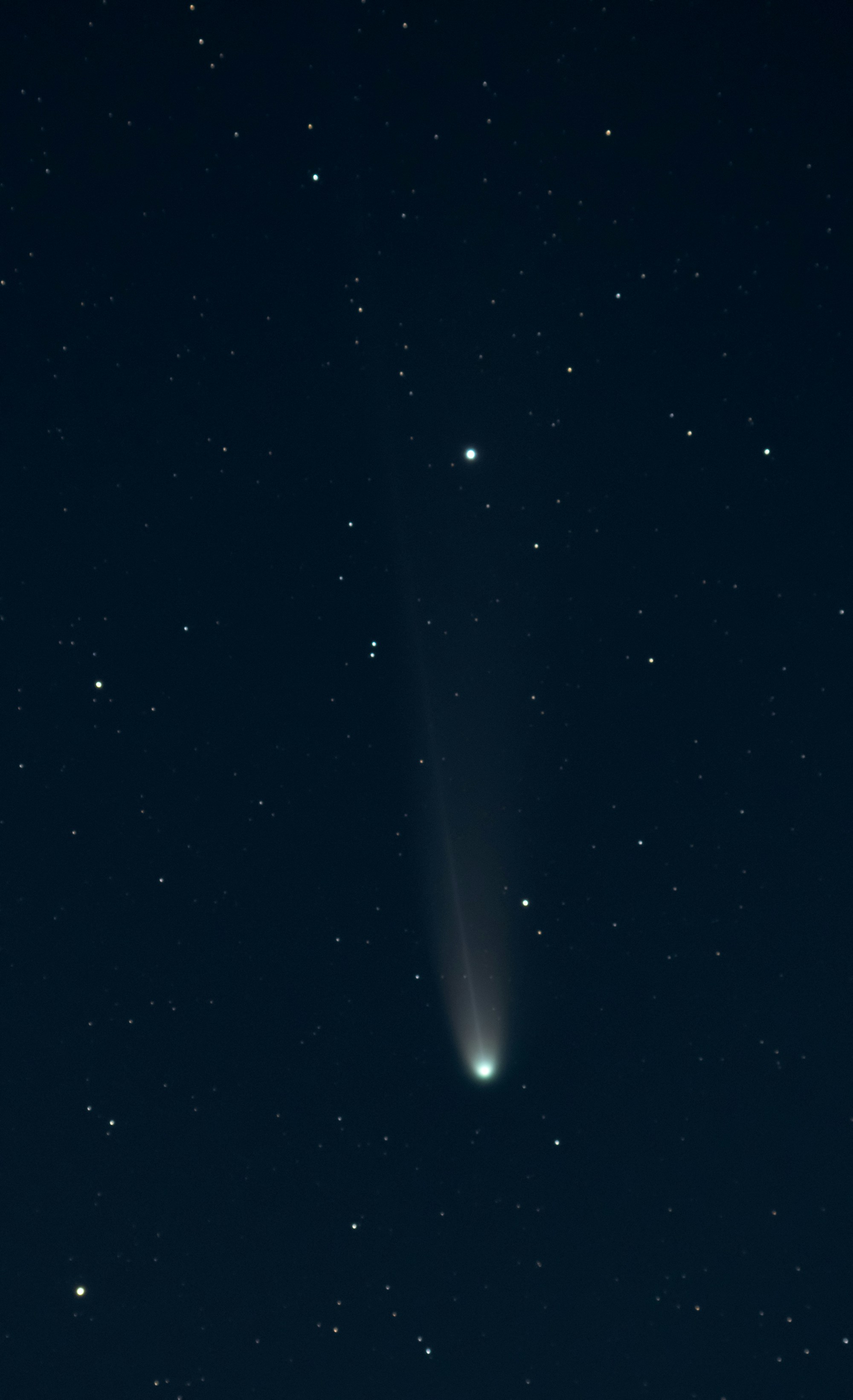 A comet streaking through a star-filled night sky, leaving a faint trail behind. The vibrant glow of the comet contrasts beautifully with the dark expanse of space.