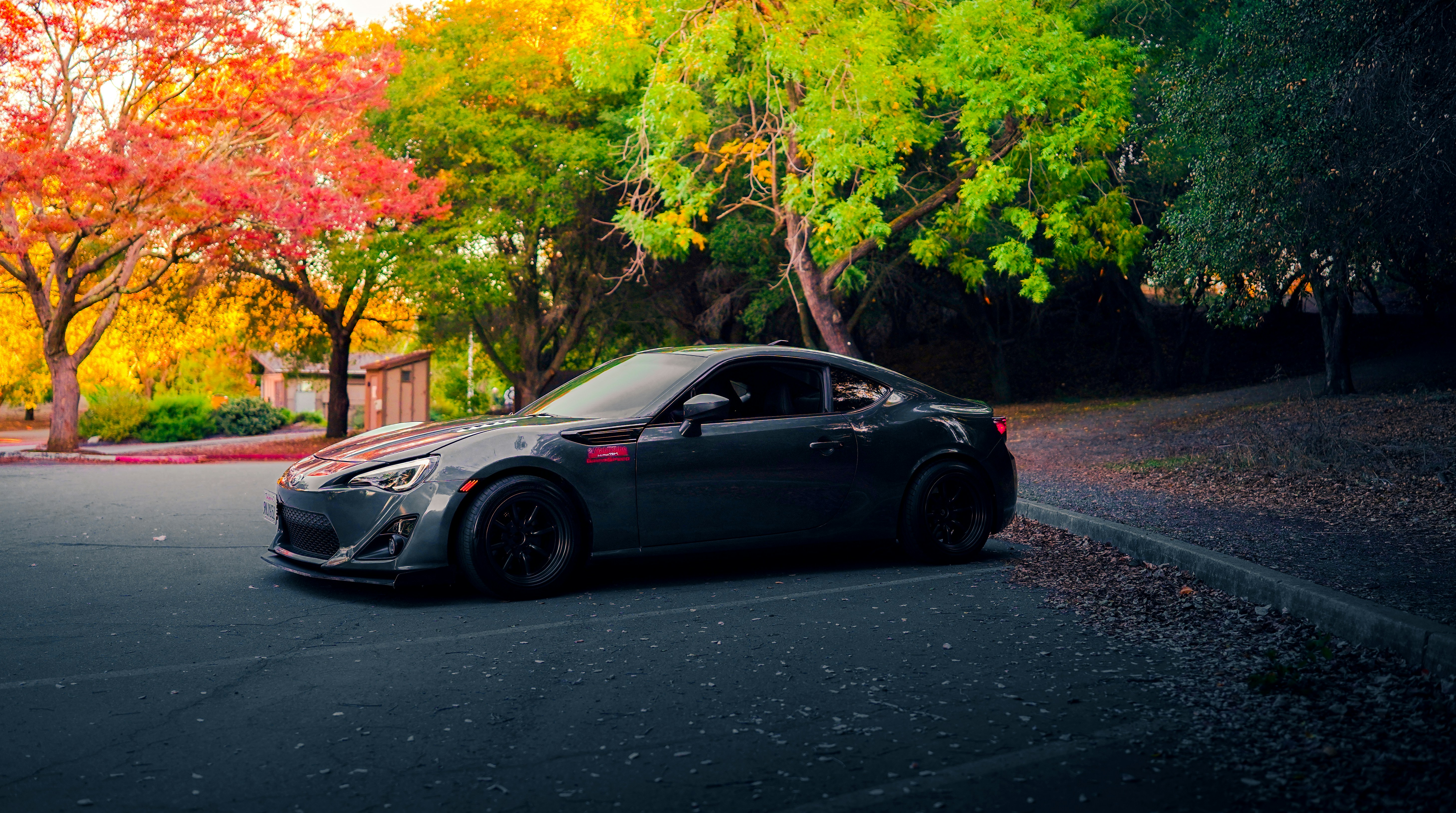 A sleek black sports car parked in an empty lot surrounded by vibrant autumn foliage. The scene captures the contrast between the car's modern design and the natural beauty of the changing season.
