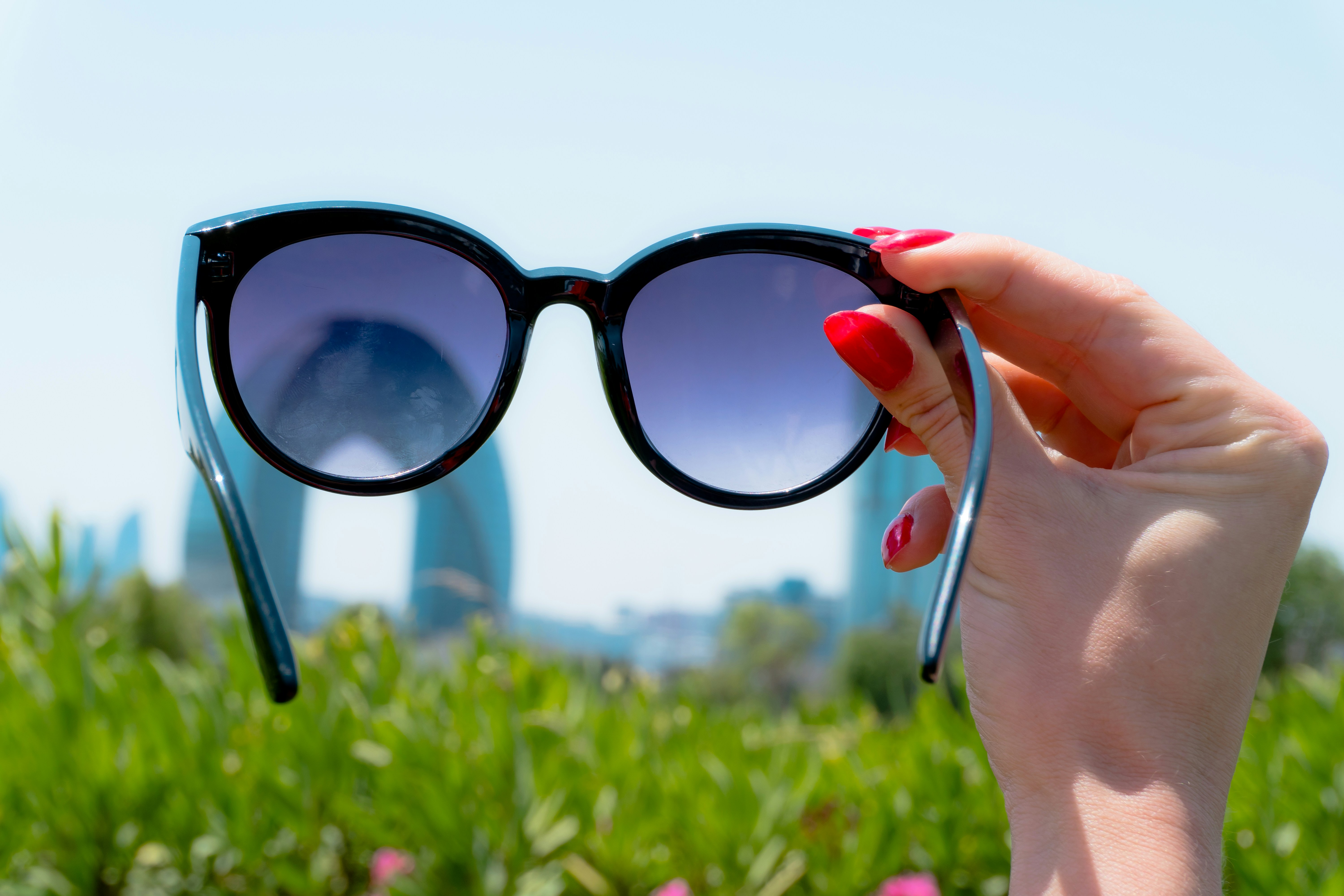 Sunlit Frames: Handheld Sunglasses Before a Verdant Backdrop