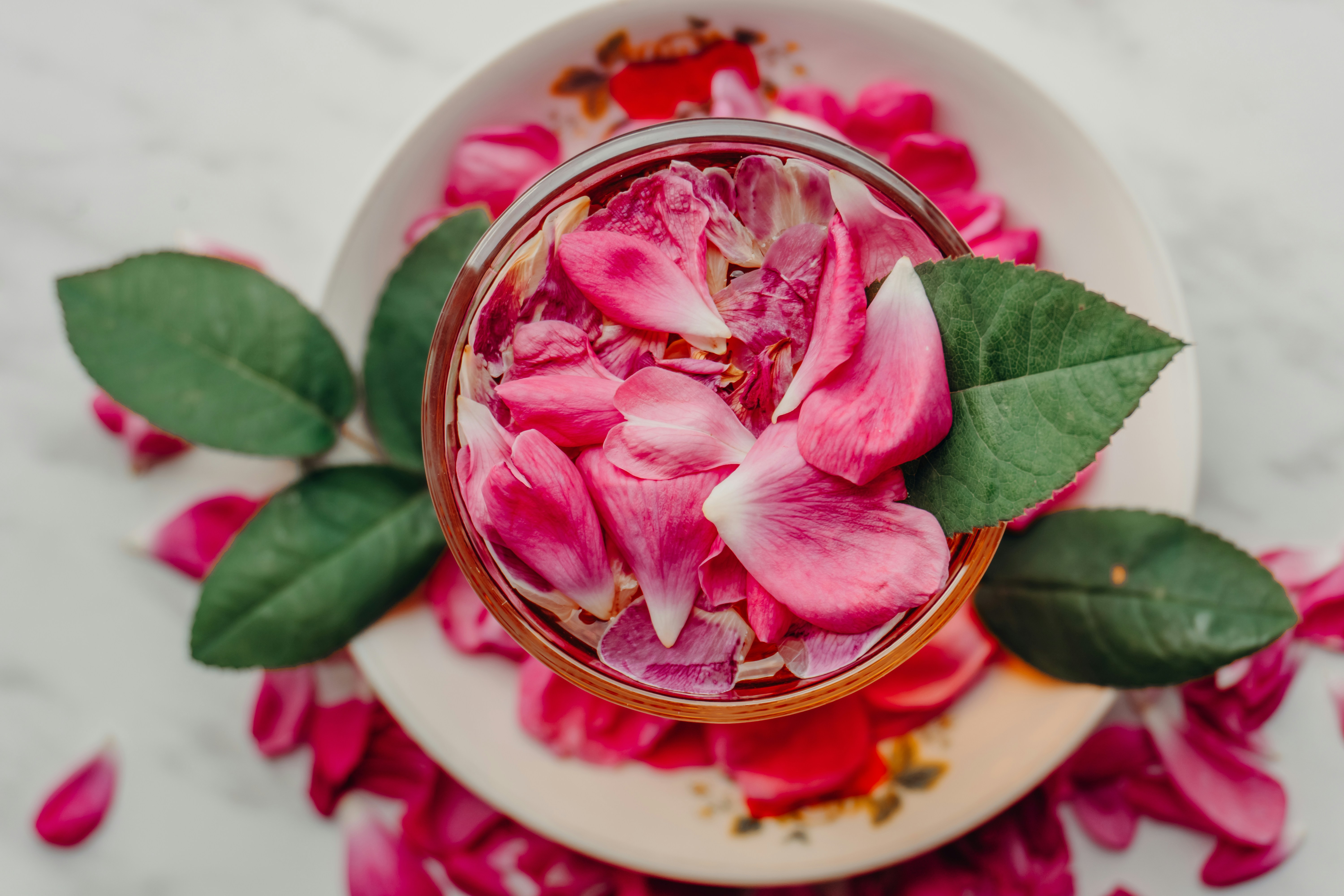 Petal Portrait in a Glass: Rosy Confetti on Marble