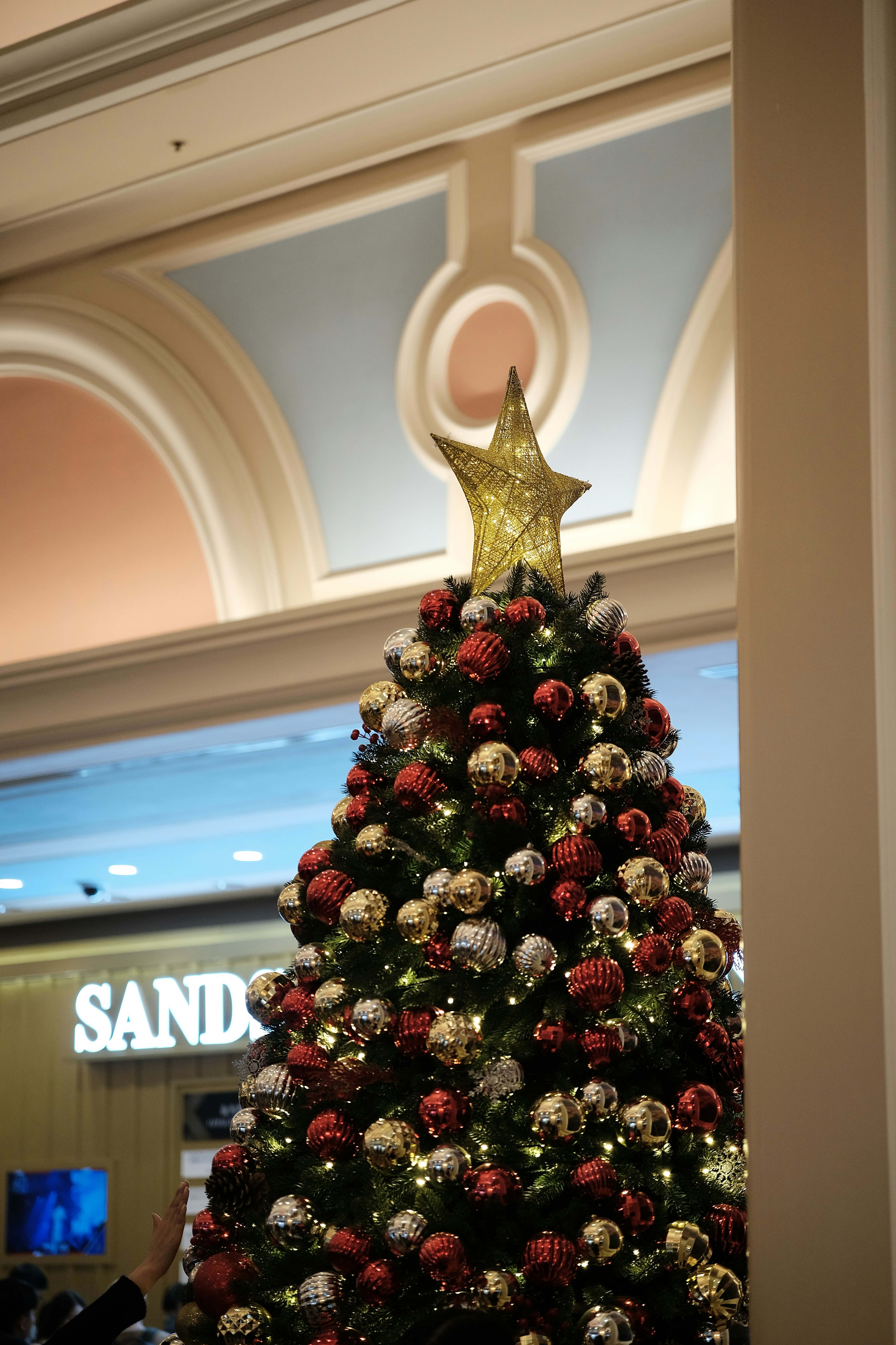 Golden Star Crowned Christmas Tree in a Marble-Arched Mall Atrium