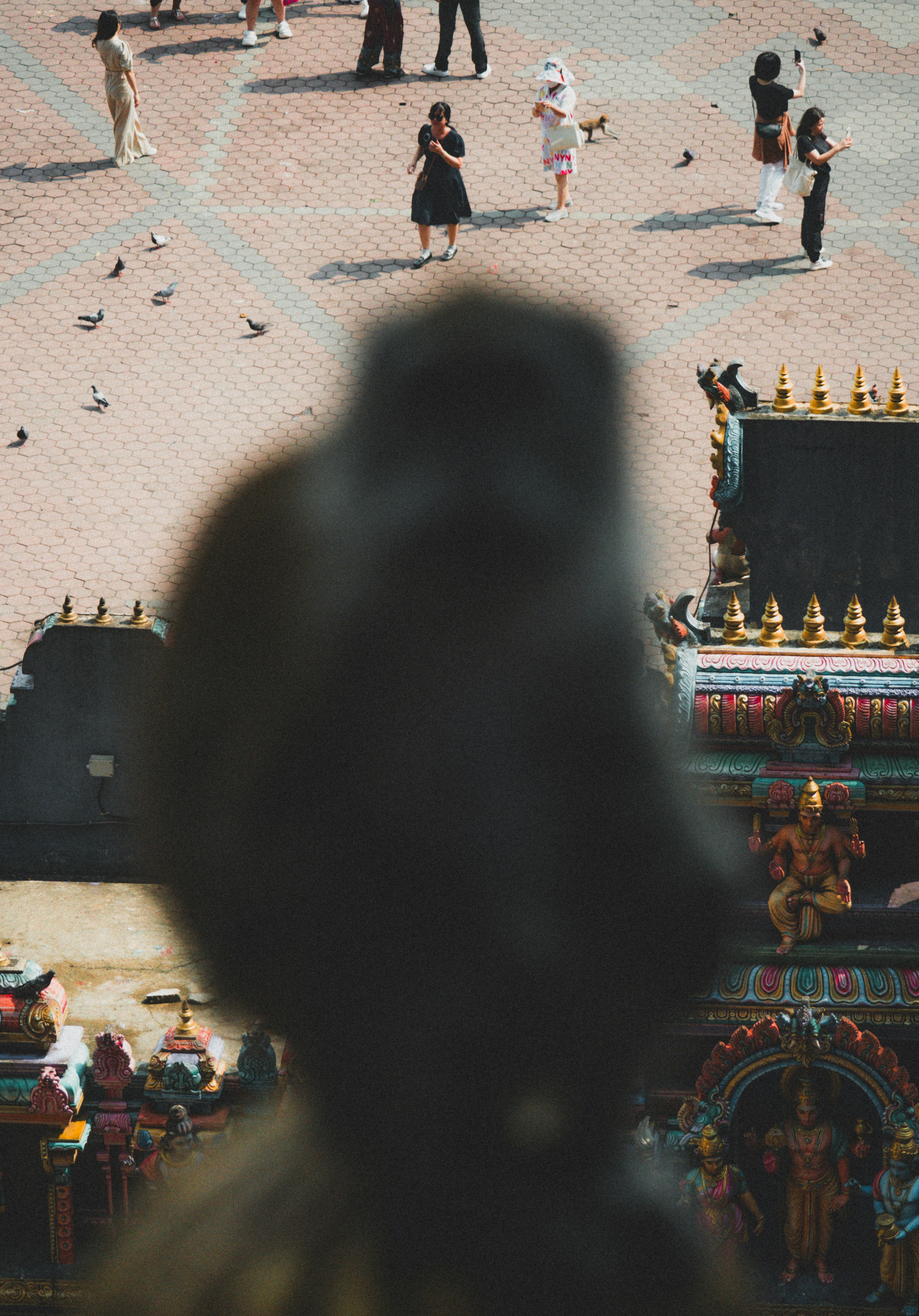 Temple Courtyard Portrait: A Black-Dress Photographer Amid Pigeons and Ornate Facades