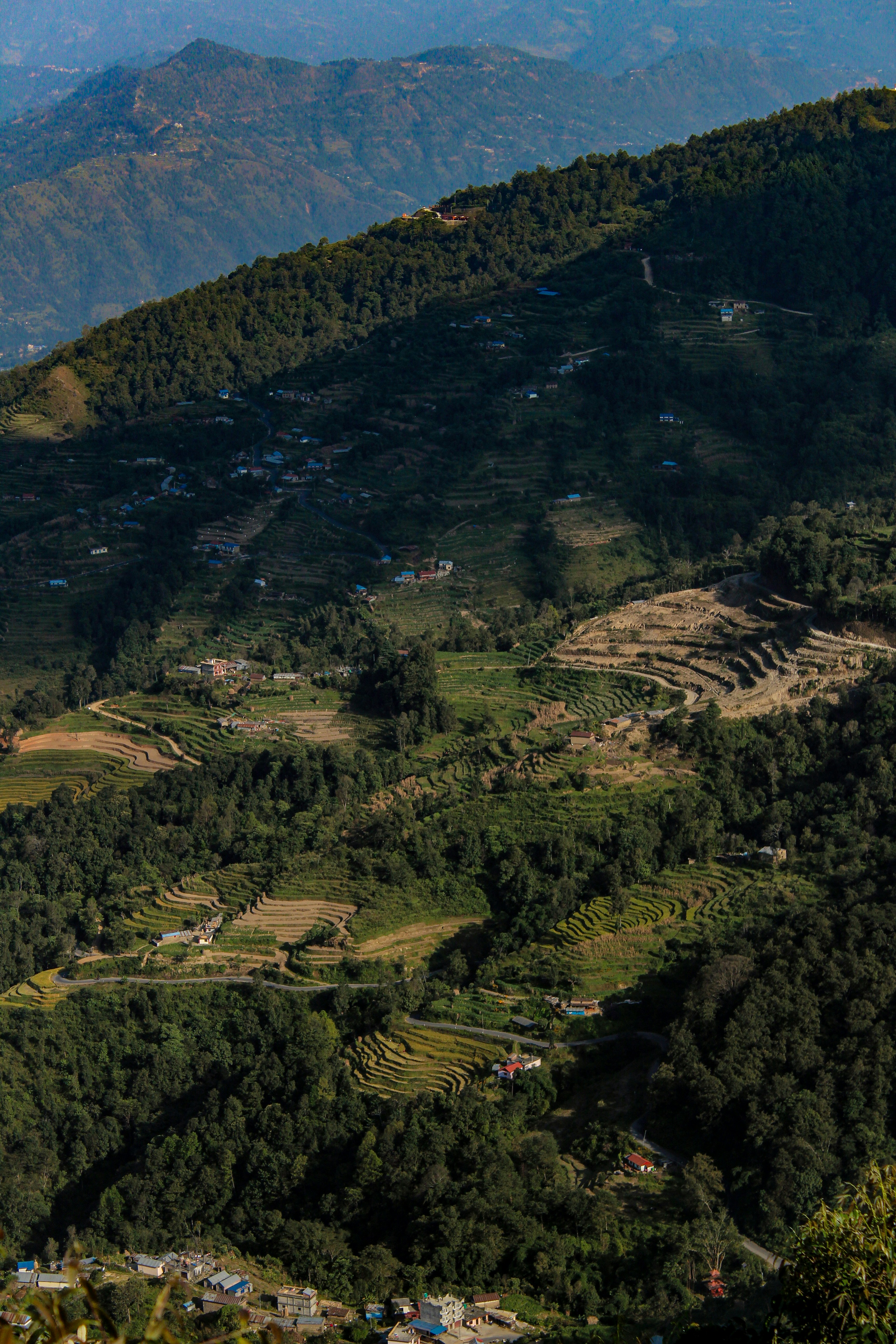 Lush terraced fields cascading down a mountainside, interspersed with small villages and dense forests under a clear blue sky.