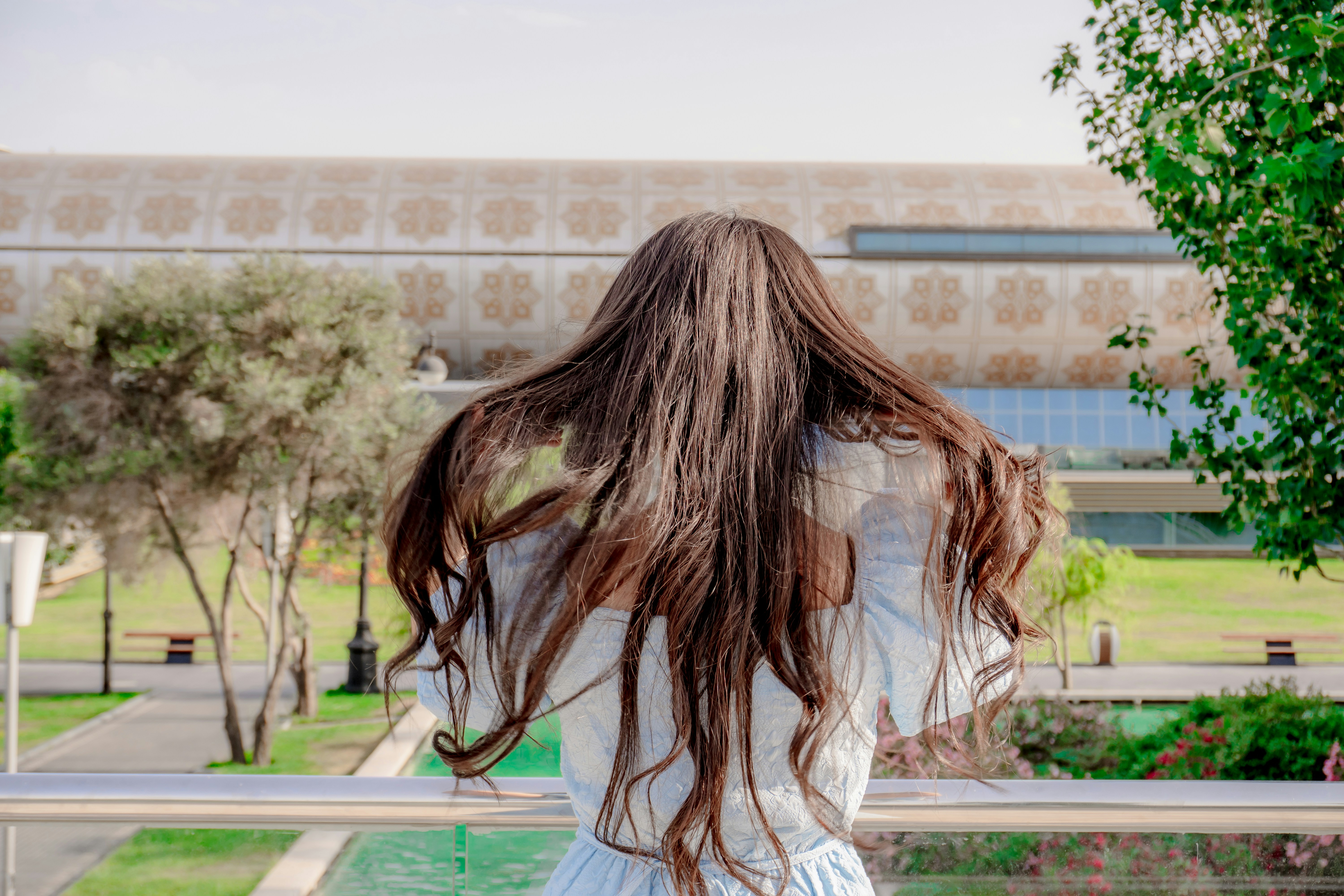 Hair as Frame: A Quiet Back View on a Sunlit Campus Terrace