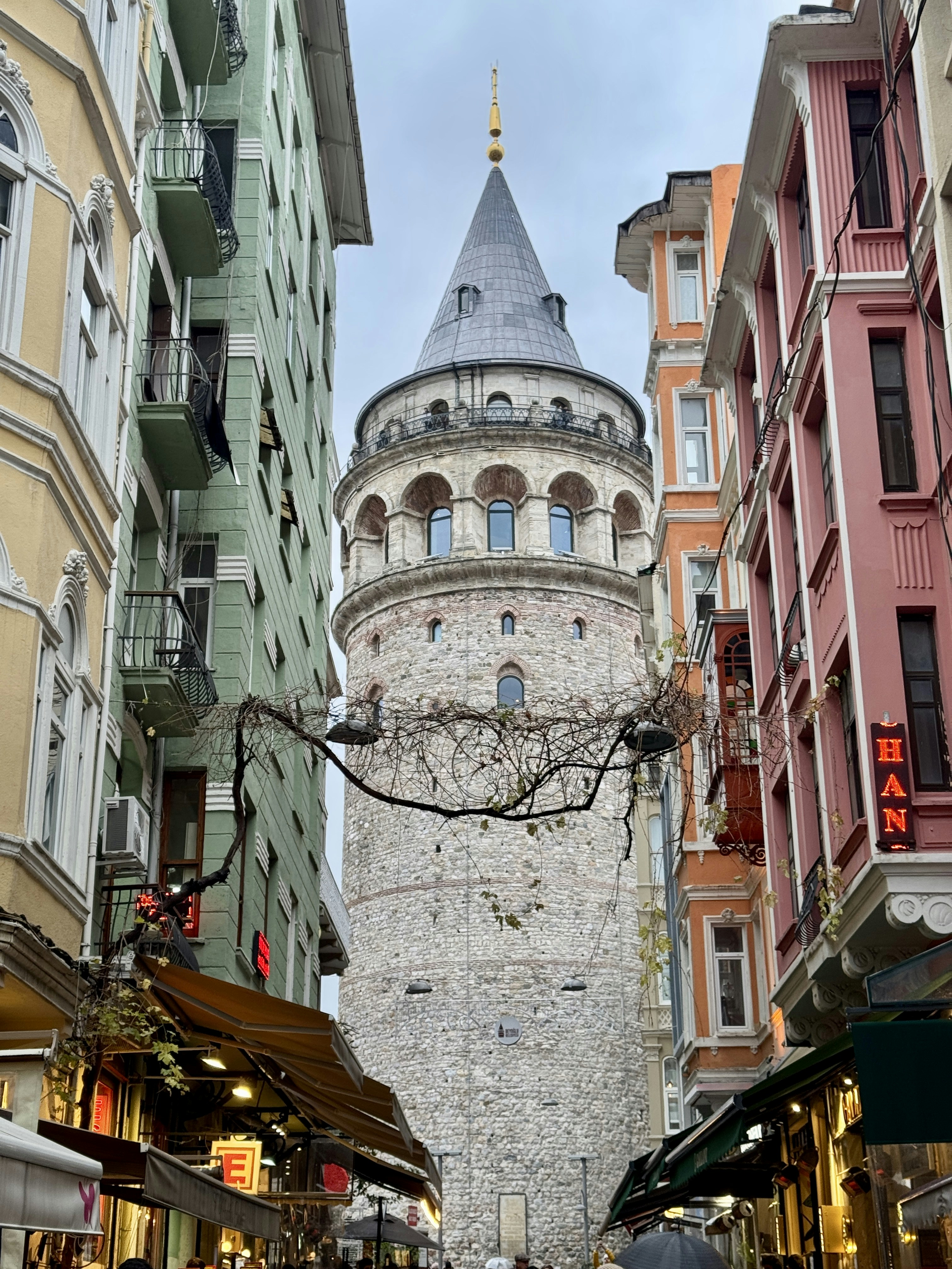 Galata tower surrounded by colorful buildings