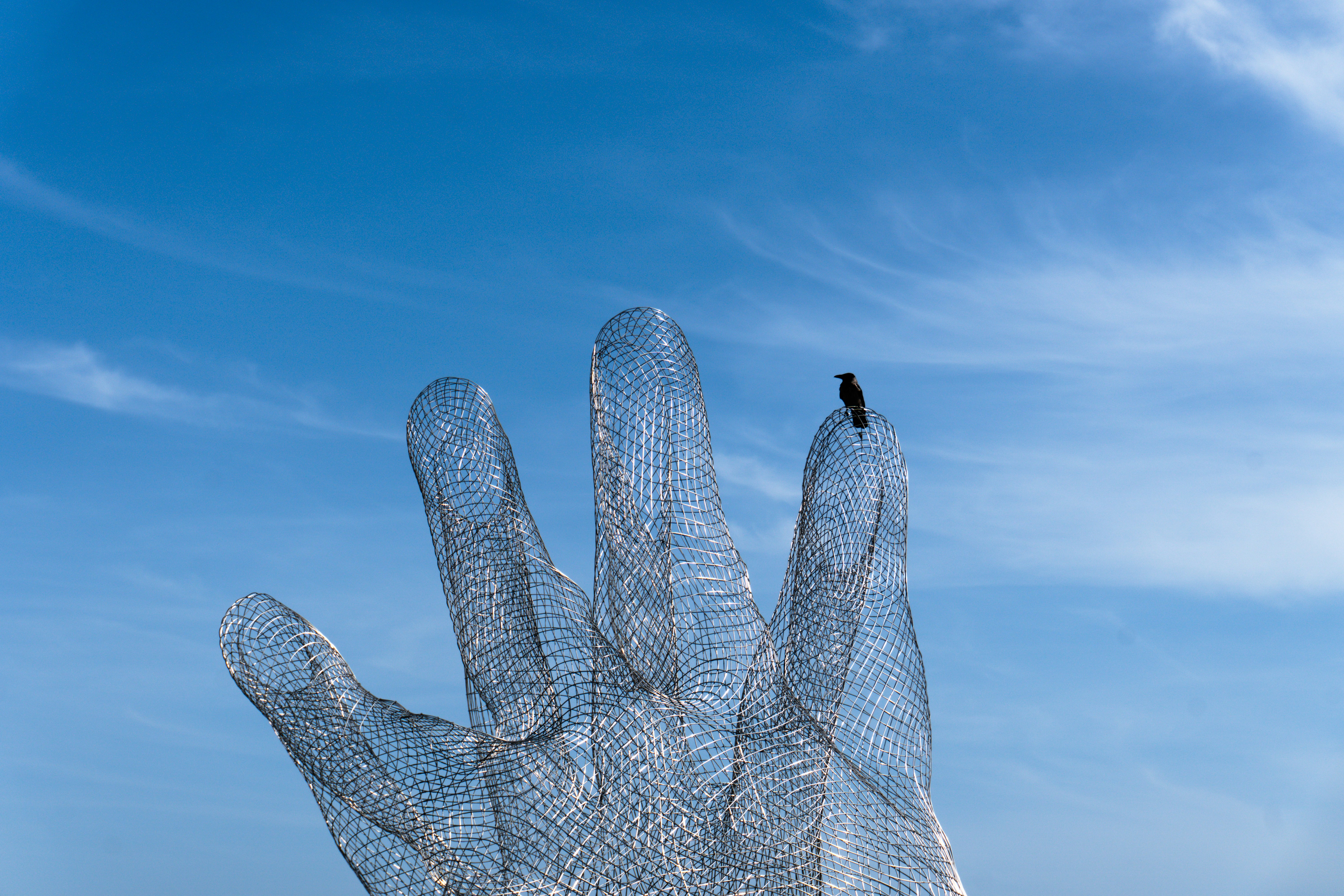 Perched on Geometry: A Small Bird on a Mesh Hand Under a Clear Sky