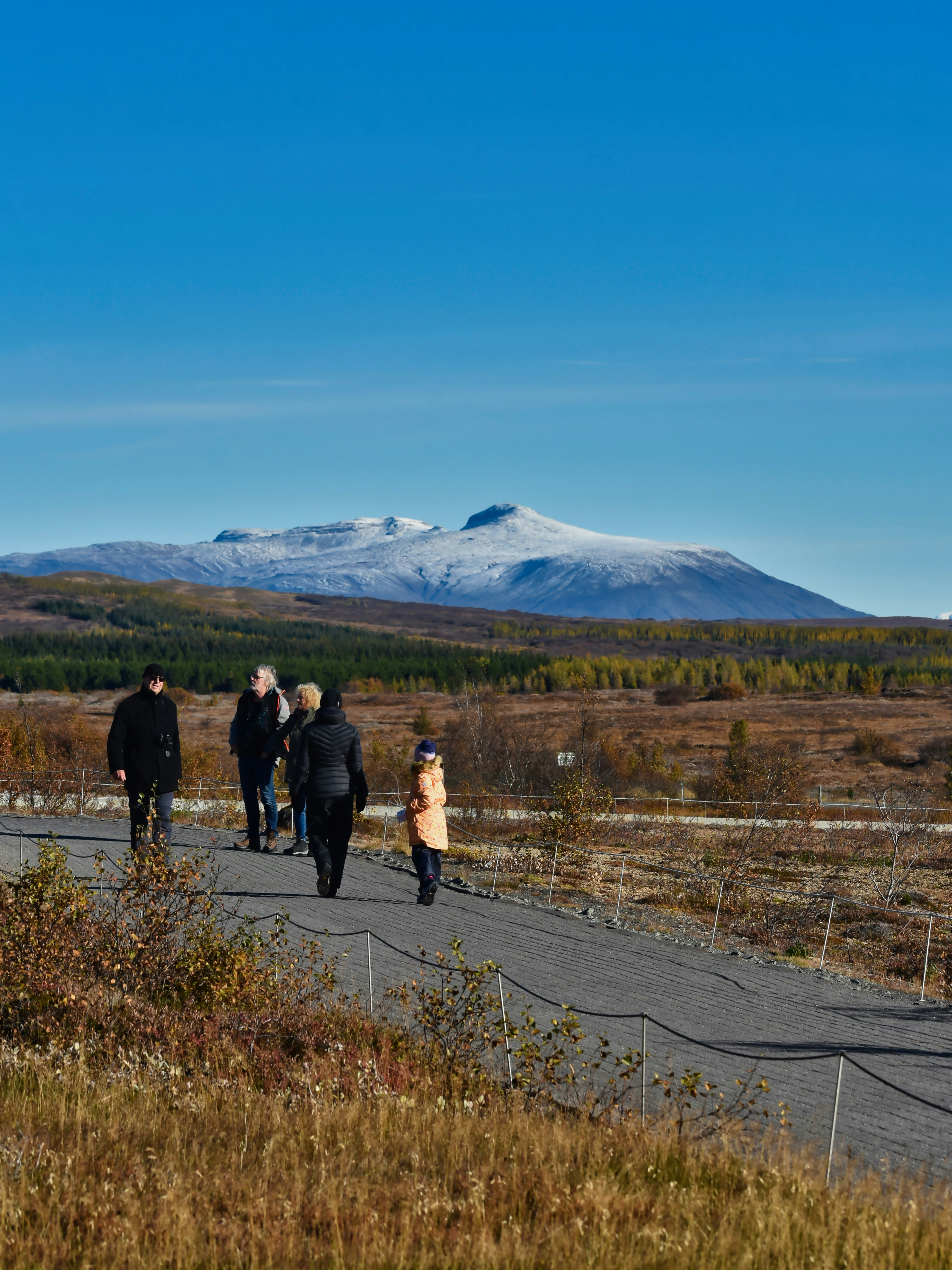 Footpath to Snow-Capped Peaks: A Family Stroll Through Autumn Light