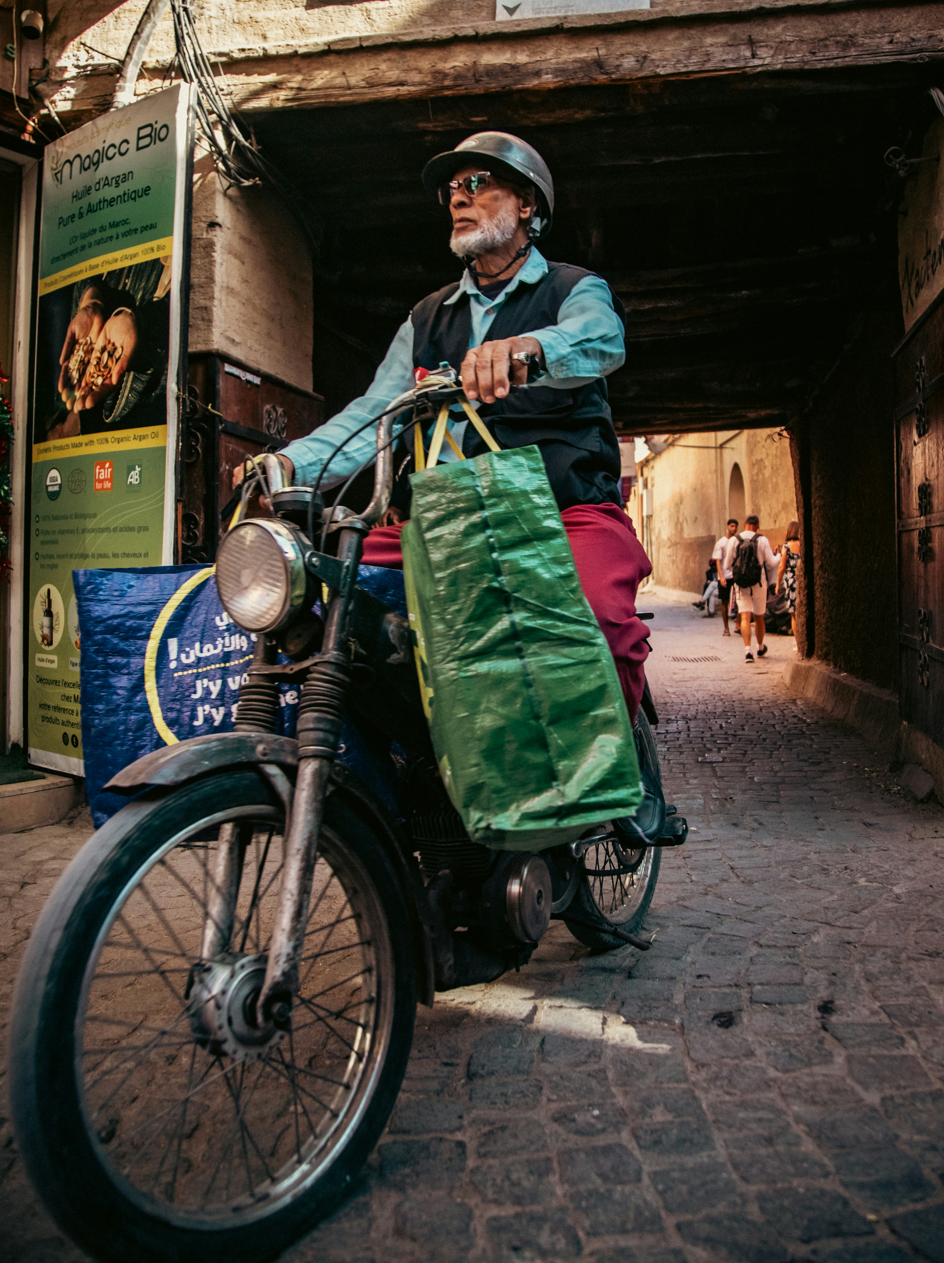 Rider at the Gate: A Weathered Vision under Cobblestone Arches