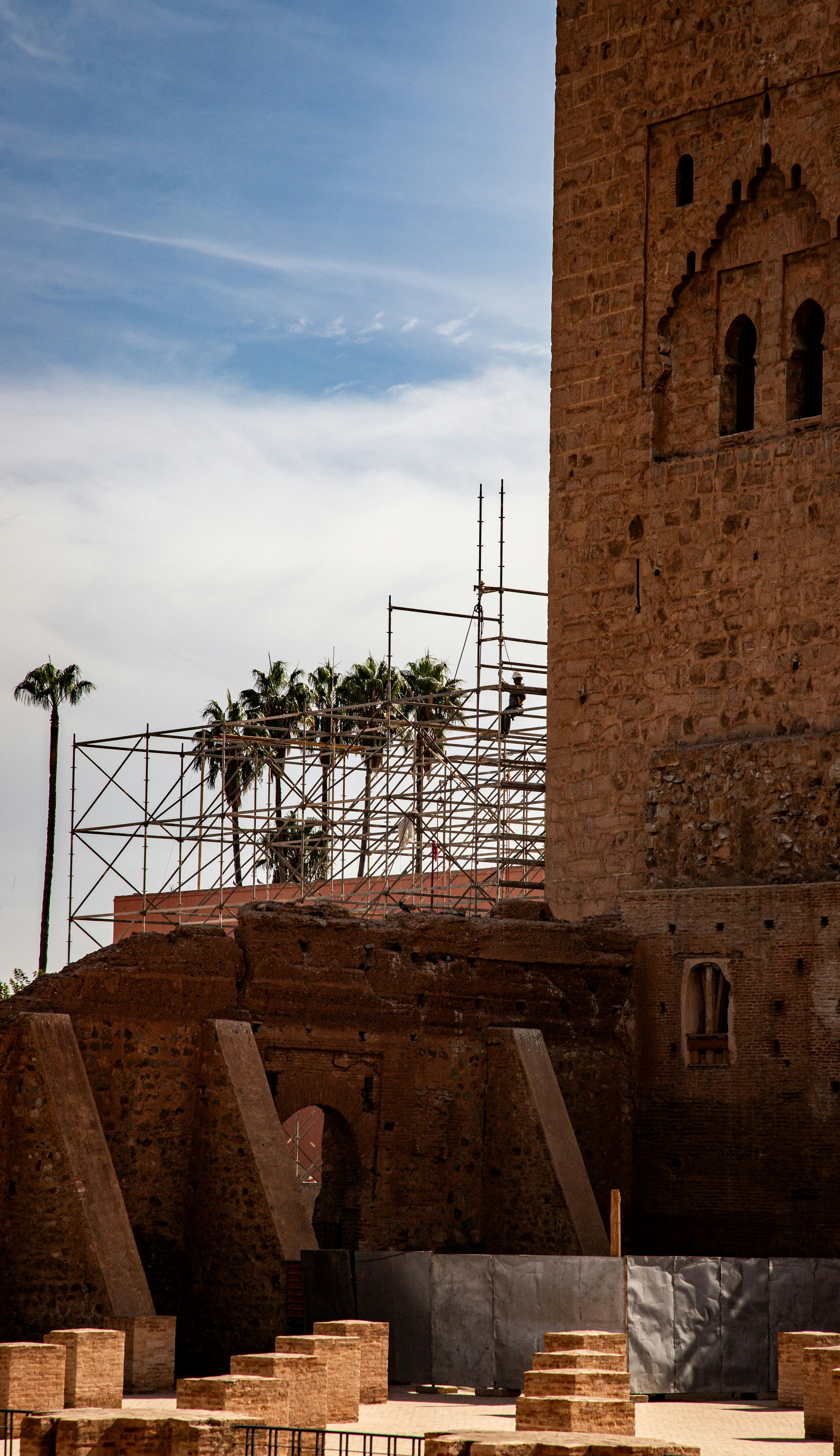 Fortress Tower Under Renovation: Scaffolding Framing a Stone Sentinel