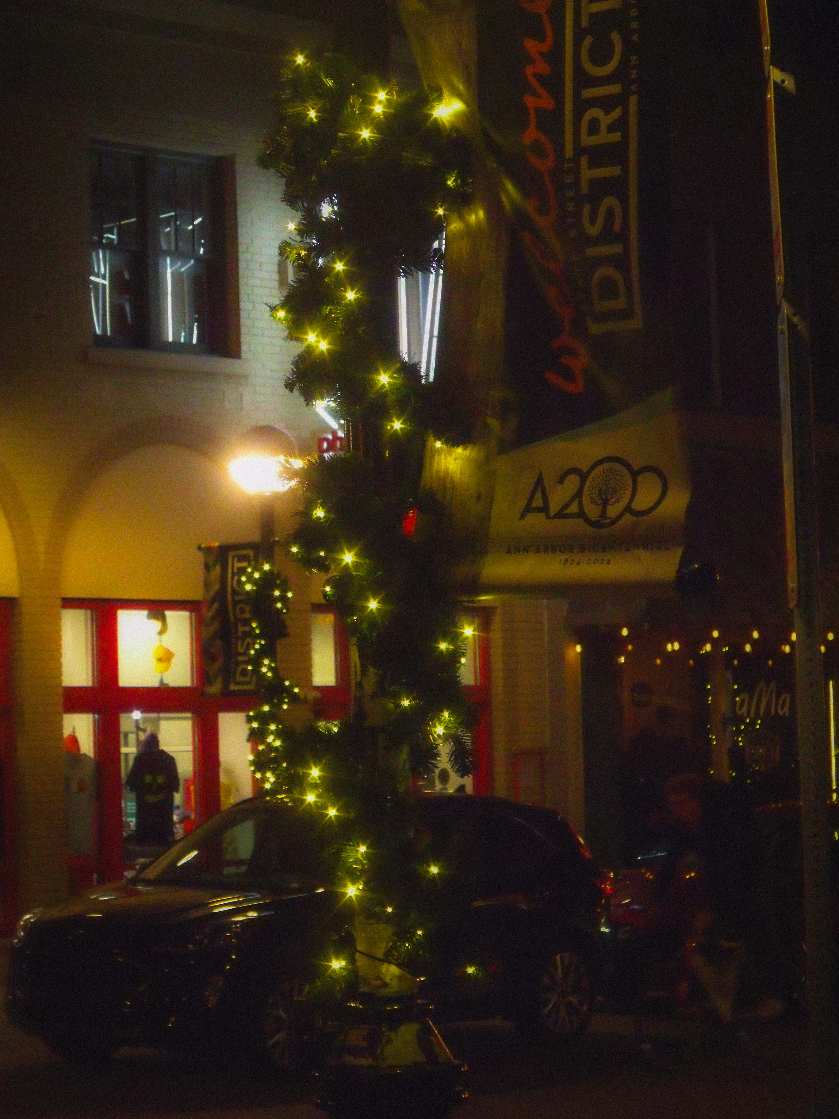 Street decorated with christmas lights at night.